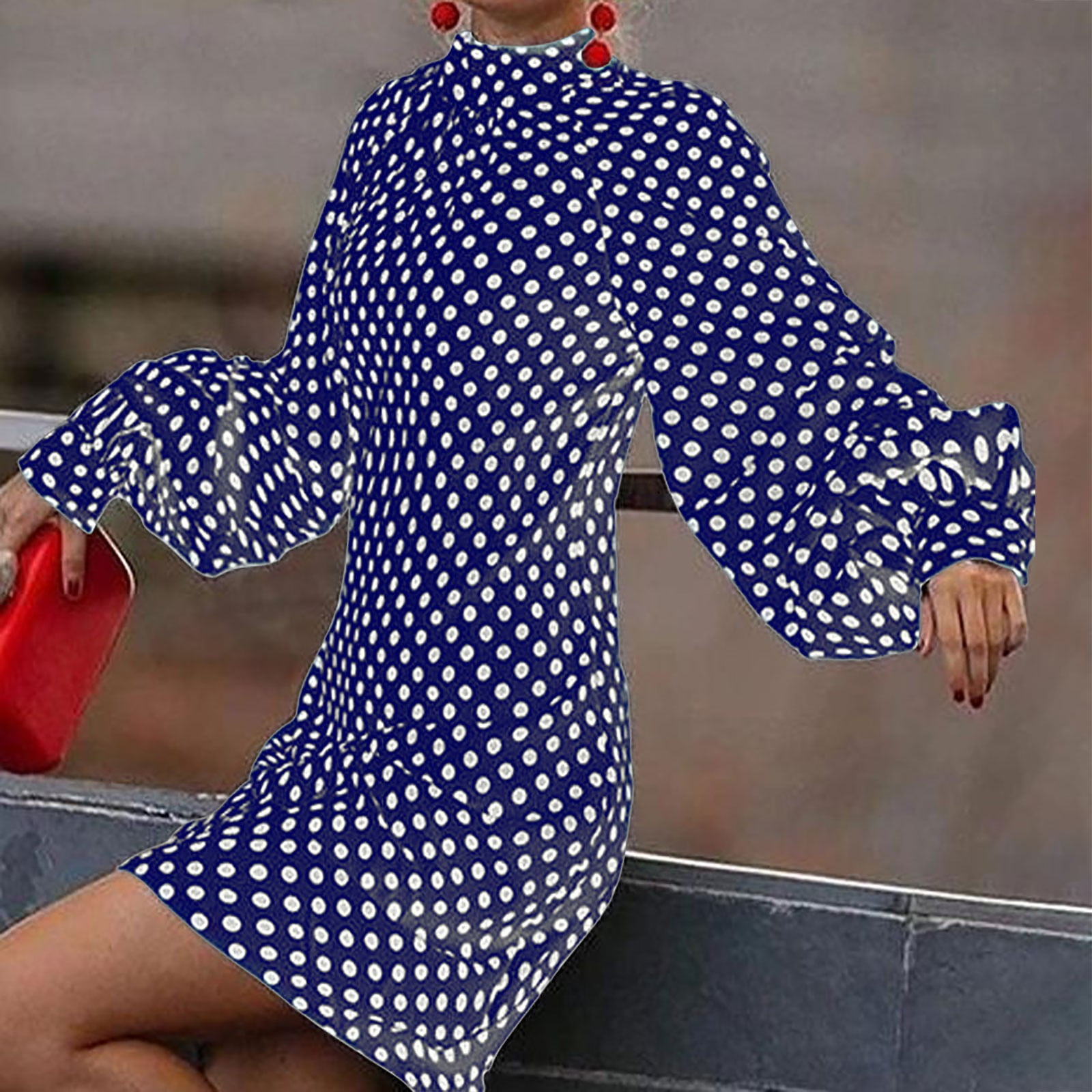 POTETI Dresses for Women Blue Sun Dress Polka Print Half Turtleneck ...