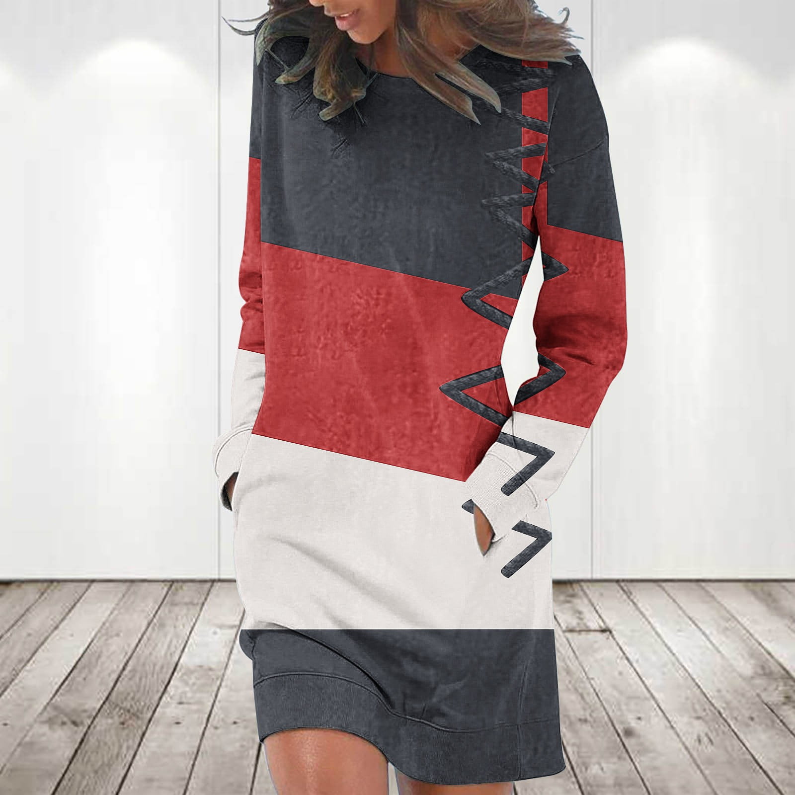 POTETI Dresses for Women Red Dress Long Sleeve Print Crew-Neck Holiday ...