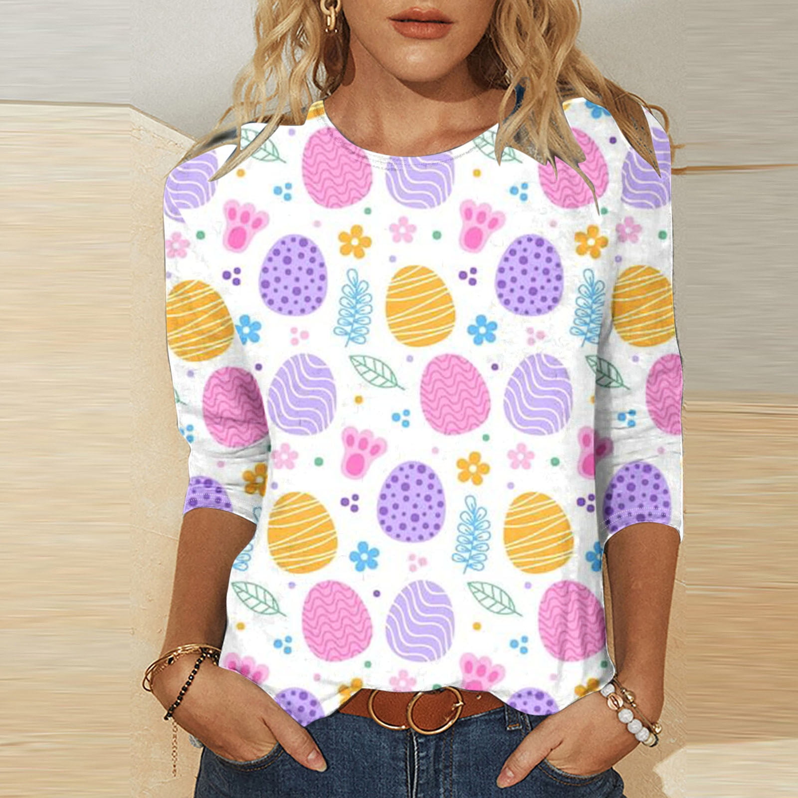POTETI Easter Shirts,Womens Bunny Graphic Summer 3/4 Sleeve Crew Neck ...