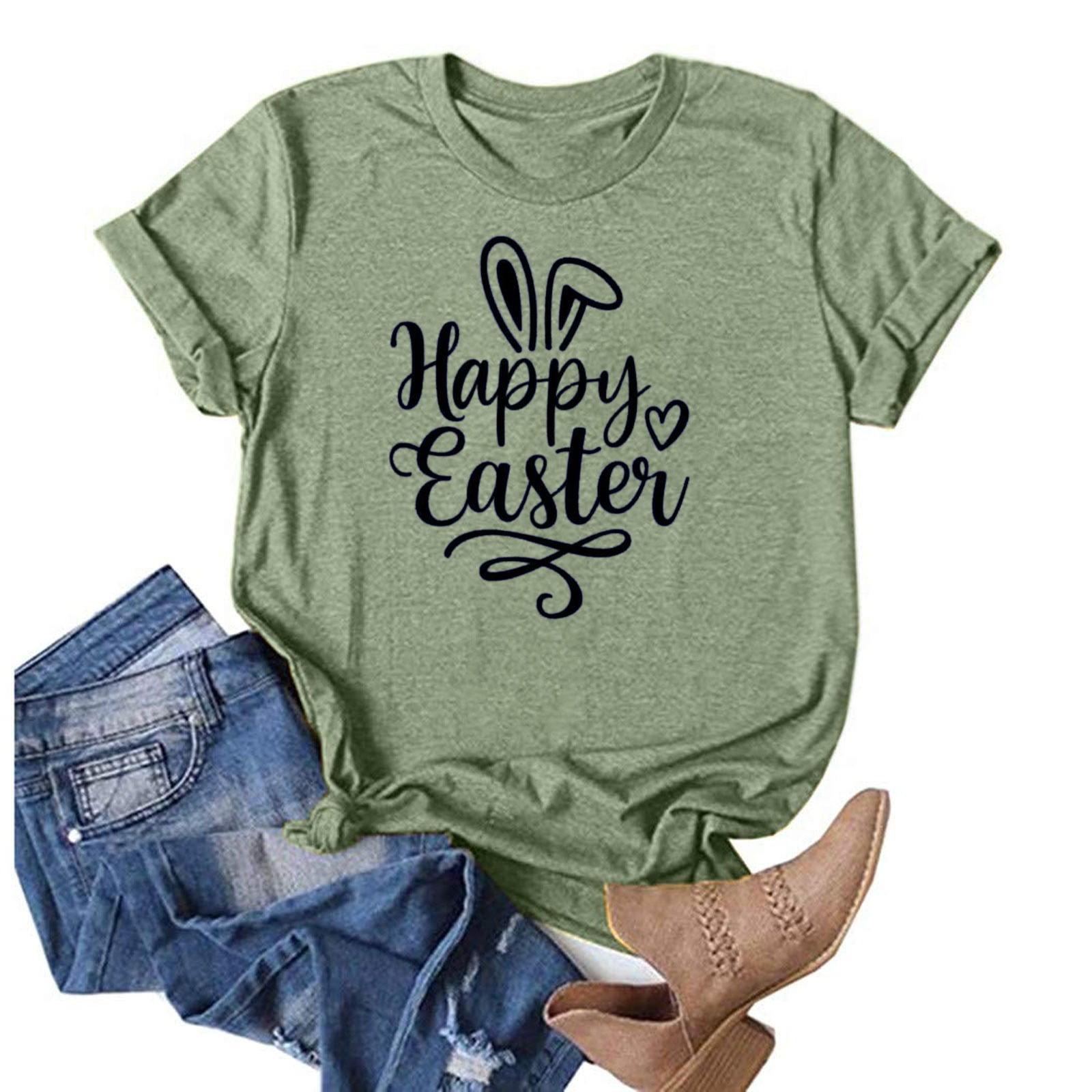 POTETI Easter Shirts for Women Plus Size Rabbit Happy Easter Print Tee ...
