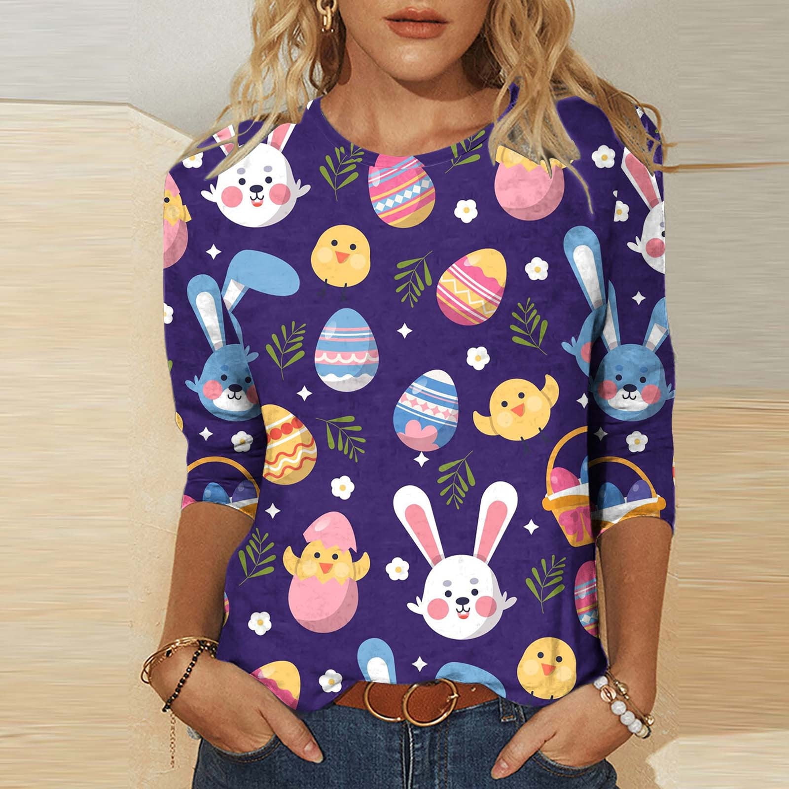 POTETI Easter Tee,Womens Bunny Graphic Summer 3/4 Sleeve Crew Neck ...