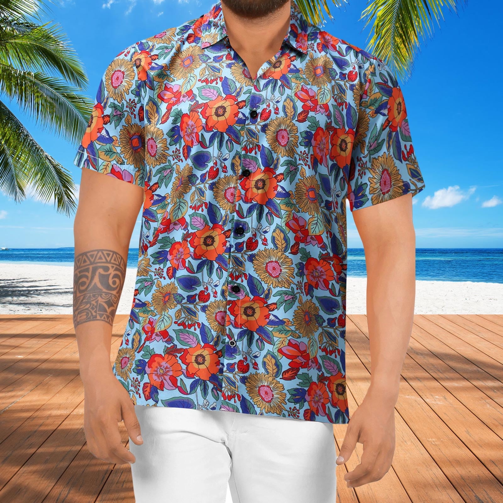 POTETI Hawaiian Mens Shirt Beach Casual Short Sleeve Tropical Button up ...