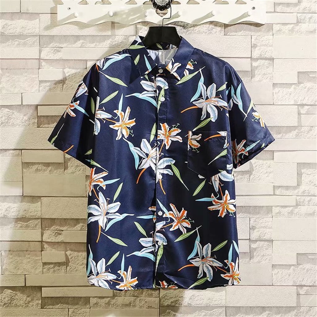 Poteti Hawaiian Mens Summer Shirt Plus Size Beach Short Sleeve Tropical