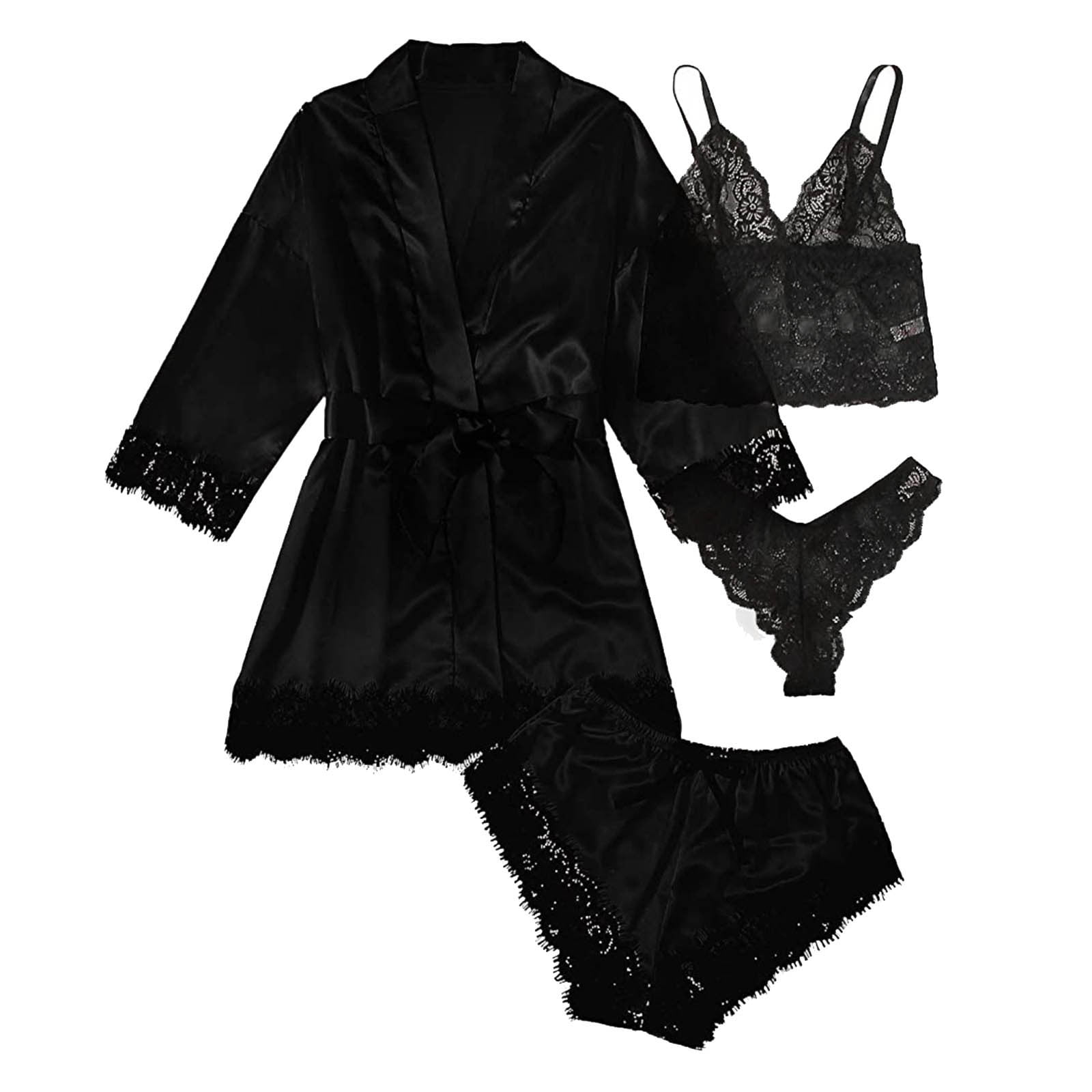 Poteti Lace Date Night Outfit For Women Satin Silk Black Underwear Cami And Shorts