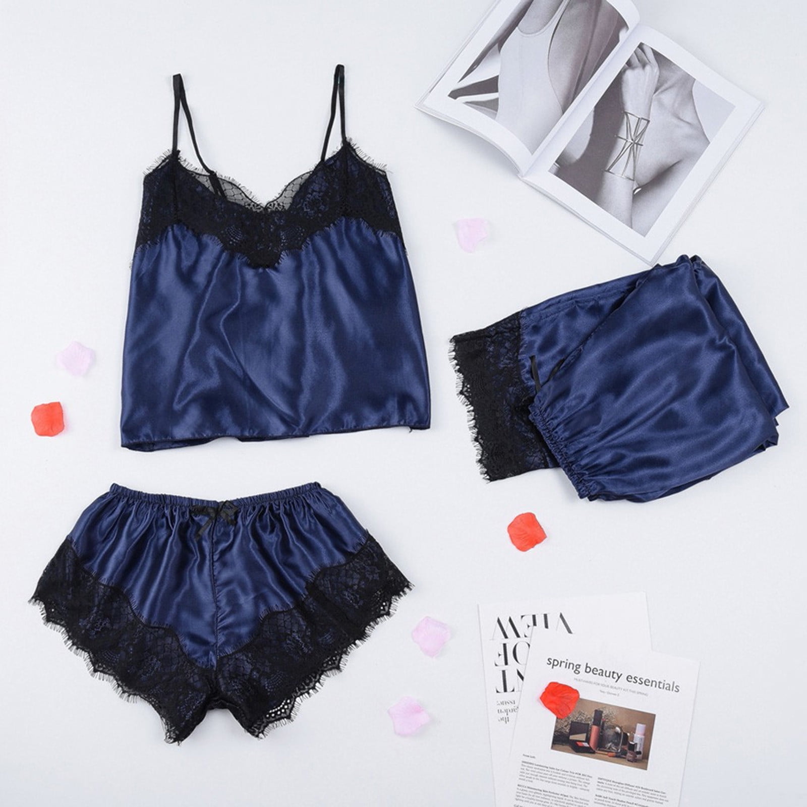 POTETI Lace Lingere Sets for Women Satin Silk Blue Sleepwear Cami and ...