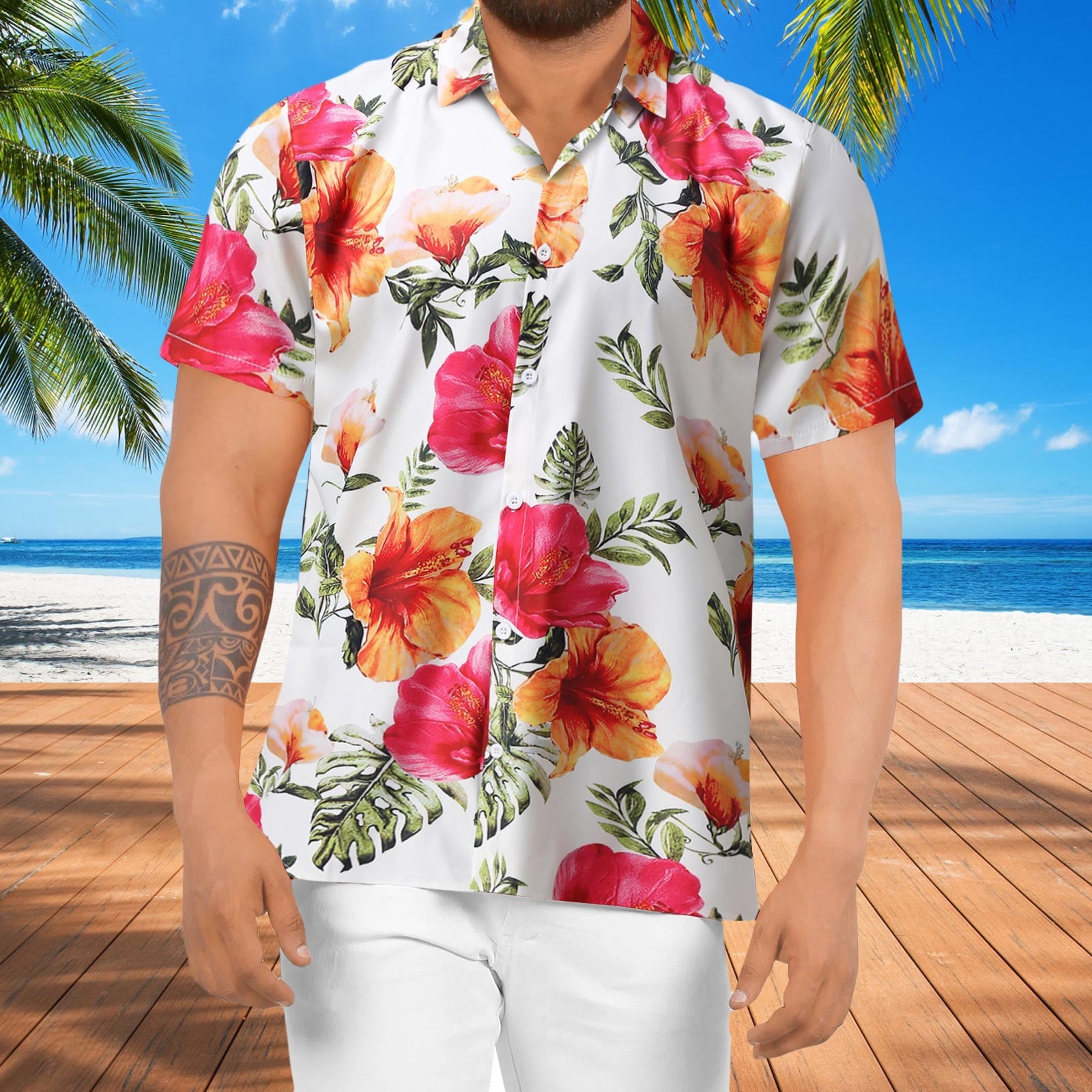 POTETI Men's Summer Shirts Beach Hawaiian Tropical Short Sleeve Casual ...