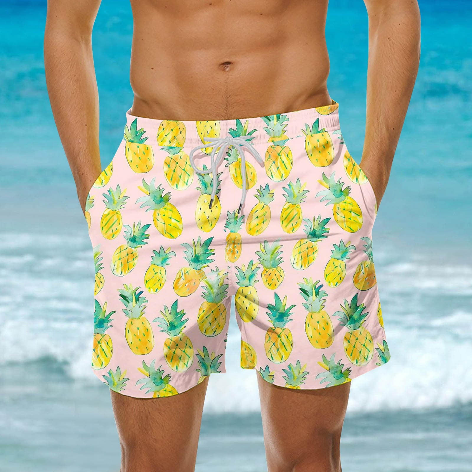 Poteti Mens Swim Shorts Quick Dry Tropical Print Hawaiian Beach Casual