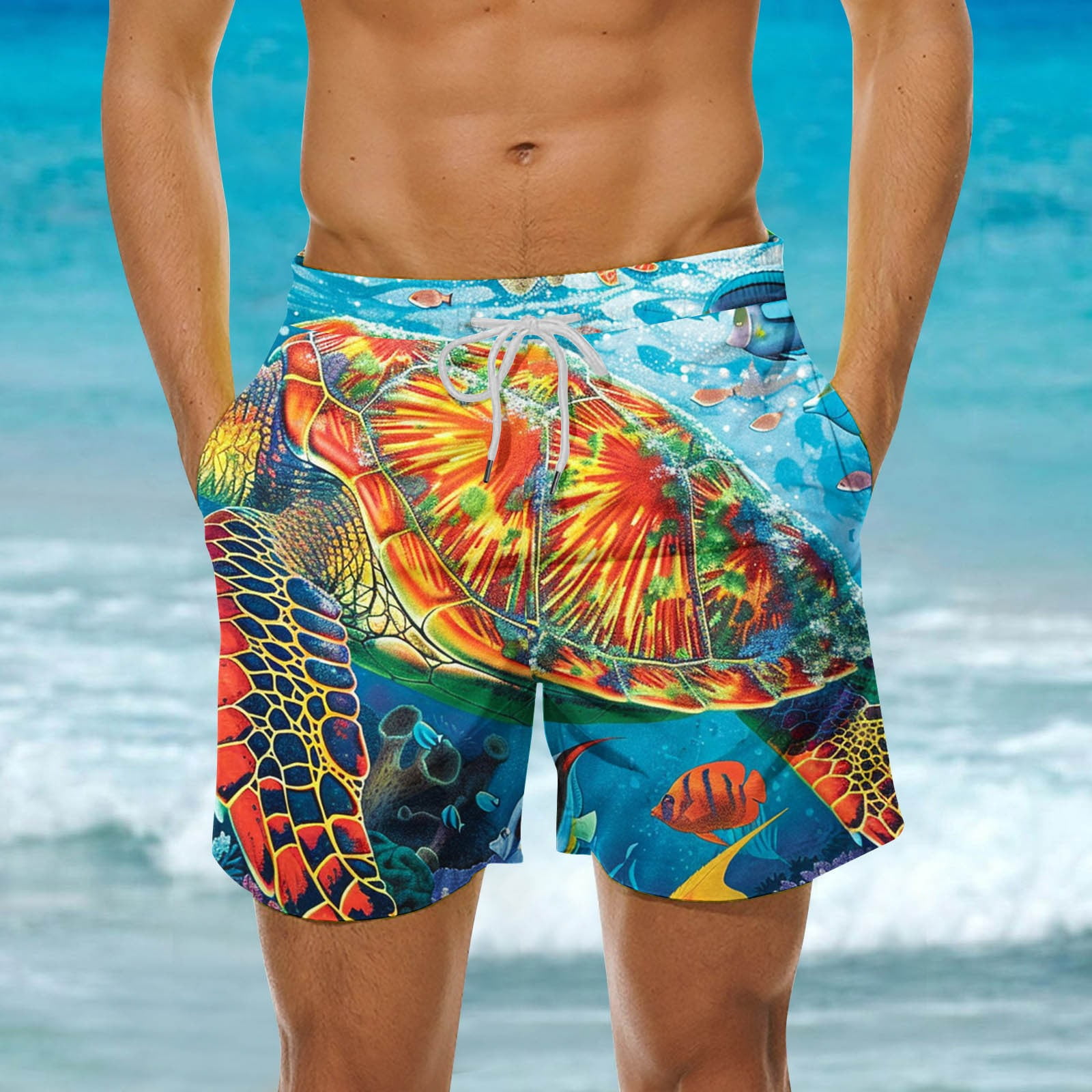 Poteti Mens Swim Shorts Quick Dry Tropical Print Hawaiian Vacation