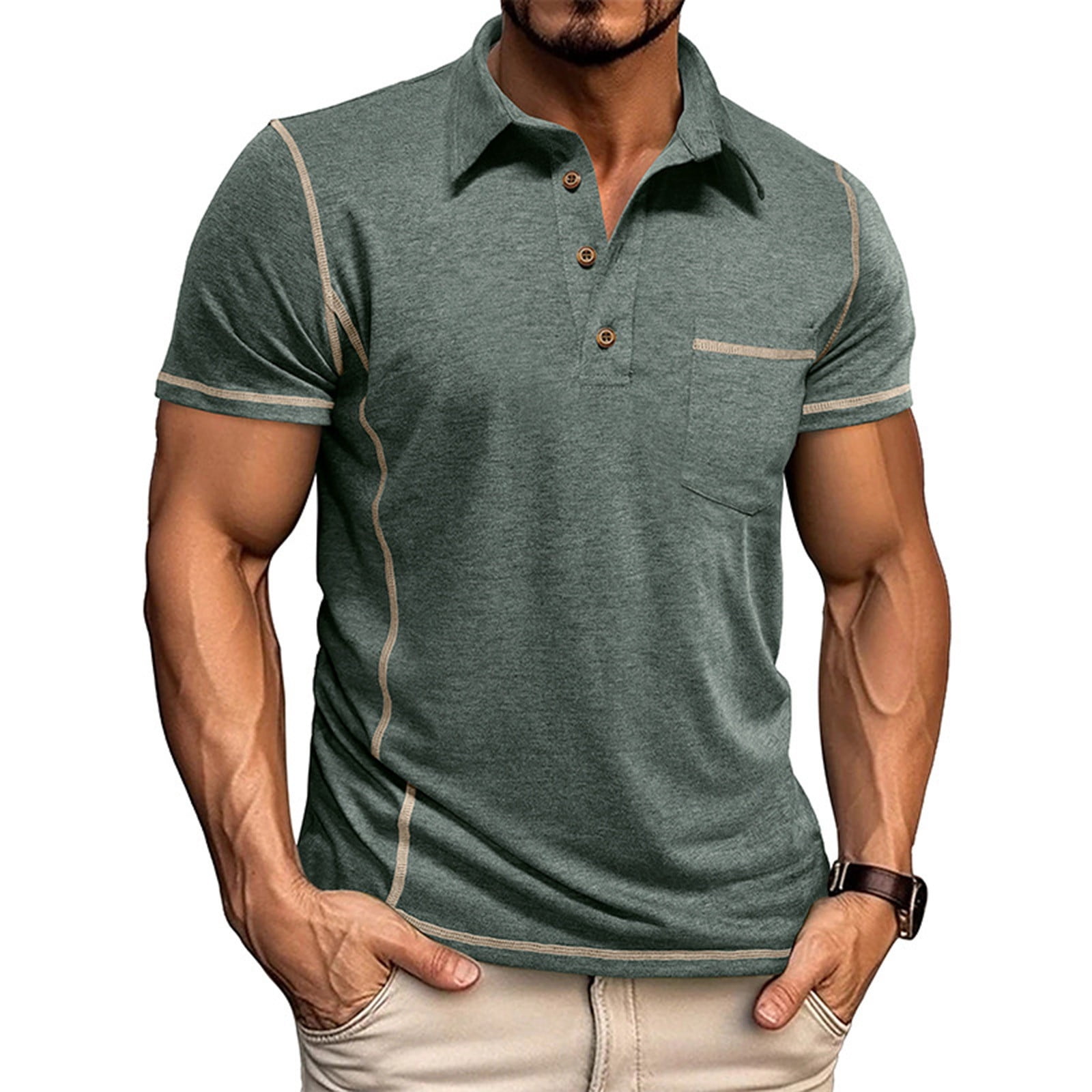 POTETI Mens Polo Shirt Casual Collared Short Sleeve Shirts Pockets ...