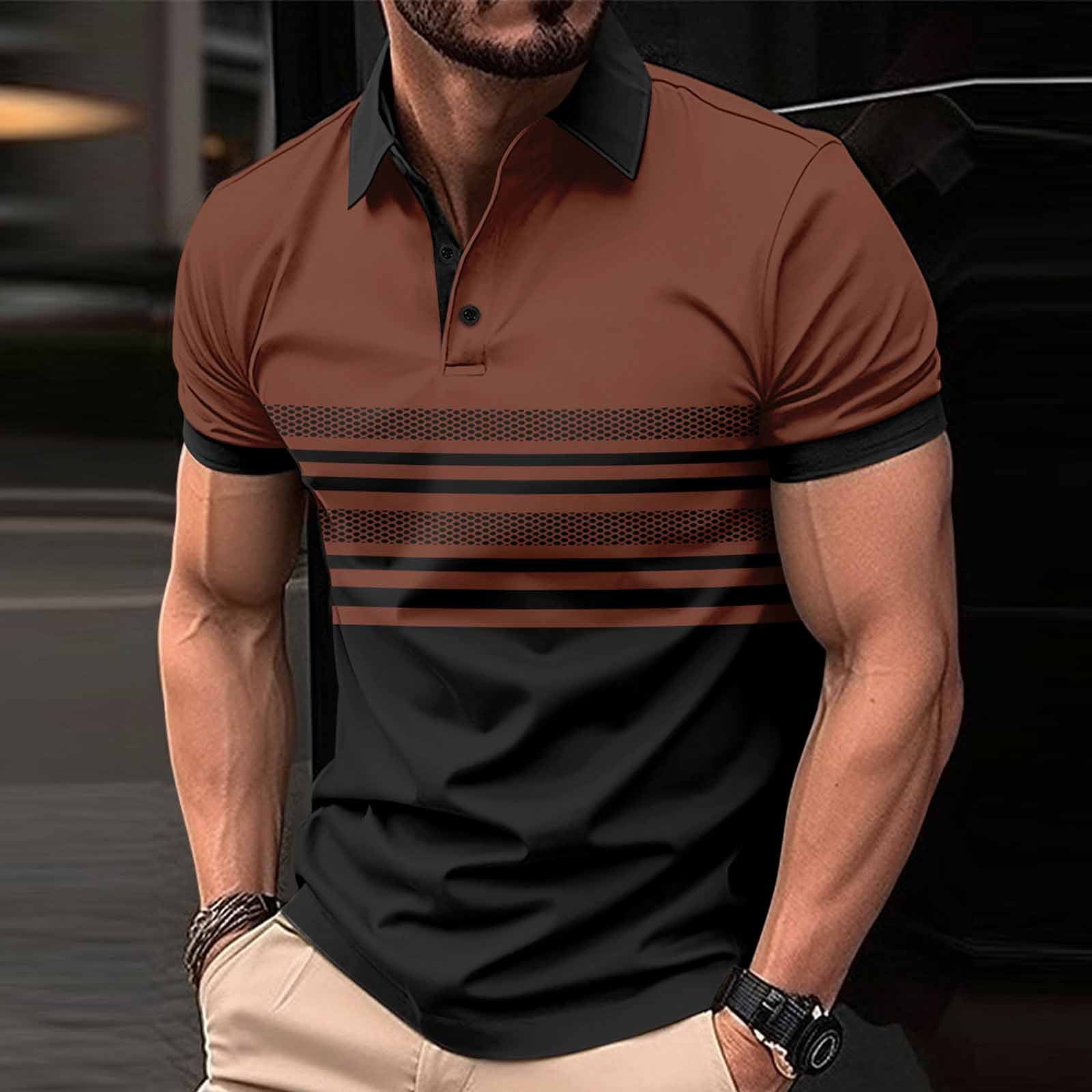 POTETI Mens Polo Shirt Short Sleeve Casual Collared Shirts Button Slim Breathable Color Block ...