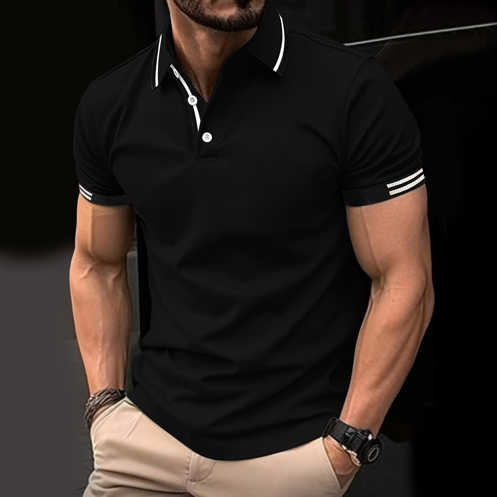 POTETI Mens Polo Shirt Short Sleeve Casual Collared Shirts Summer Solid ...