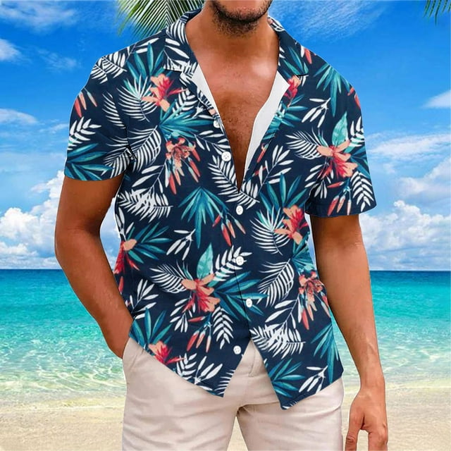 Poteti Mens Shirt Hawaiian Beach Tropical Short Sleeve Casual Button