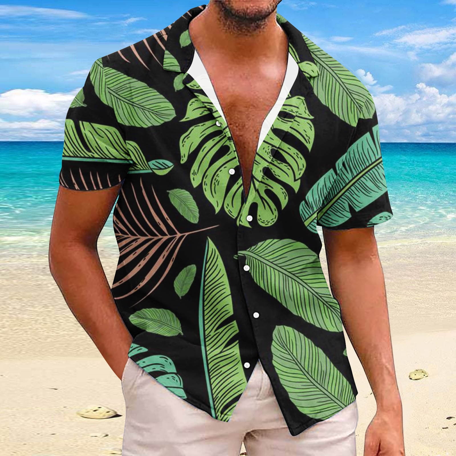 Poteti Mens Summer Shirts Hawaiian Beach Tropical Short Sleeve Casual