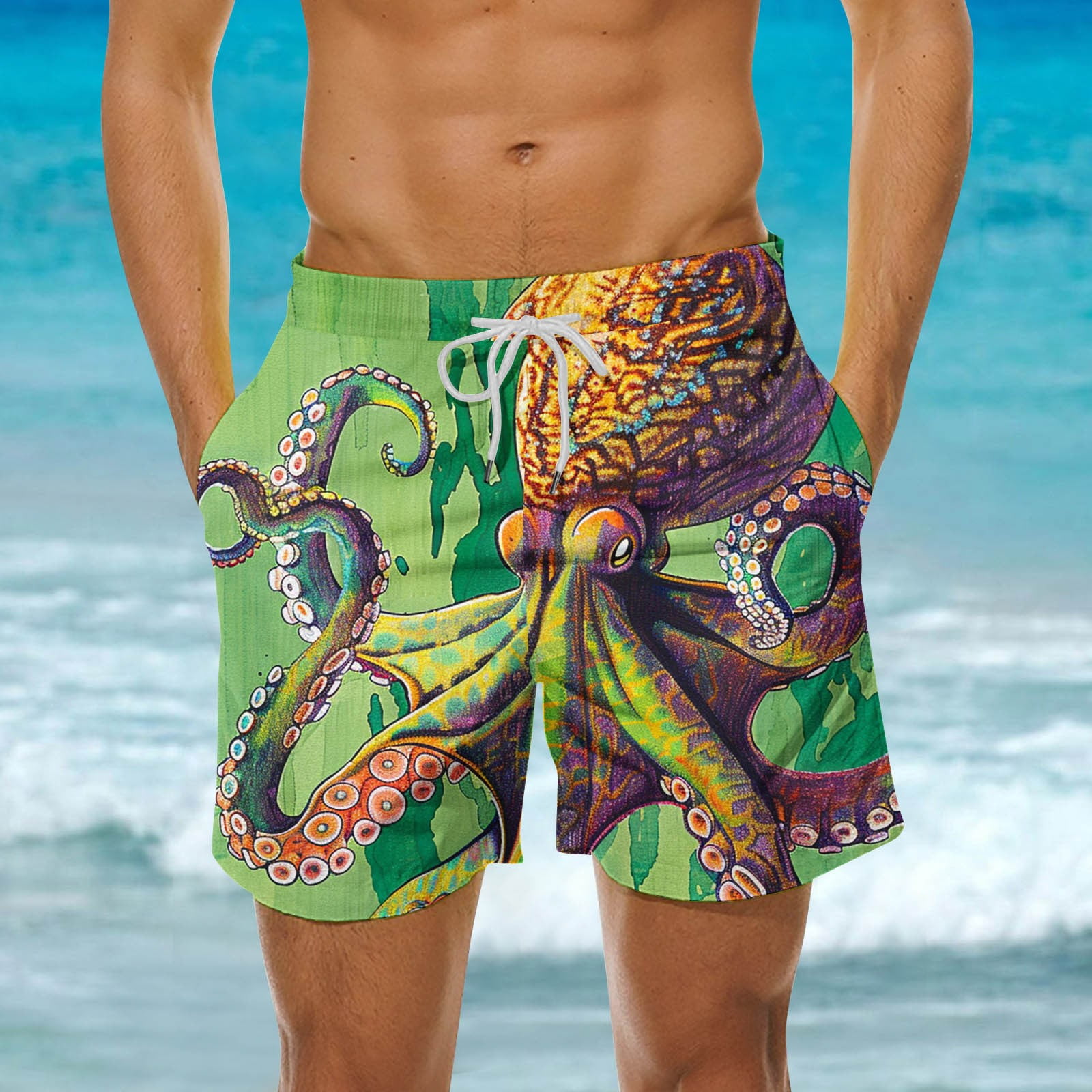 Poteti Mens Swim Short Quick Dry Tropical Print Hawaiian Vacation