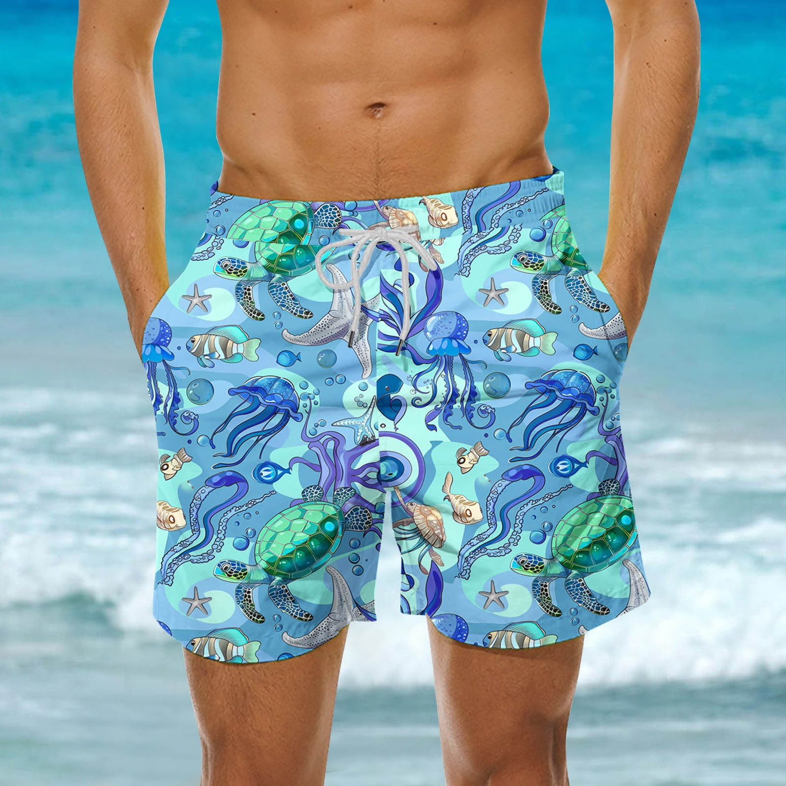 Poteti Mens Swim Shorts Quick Dry Tropical Print Hawaiian Vacation