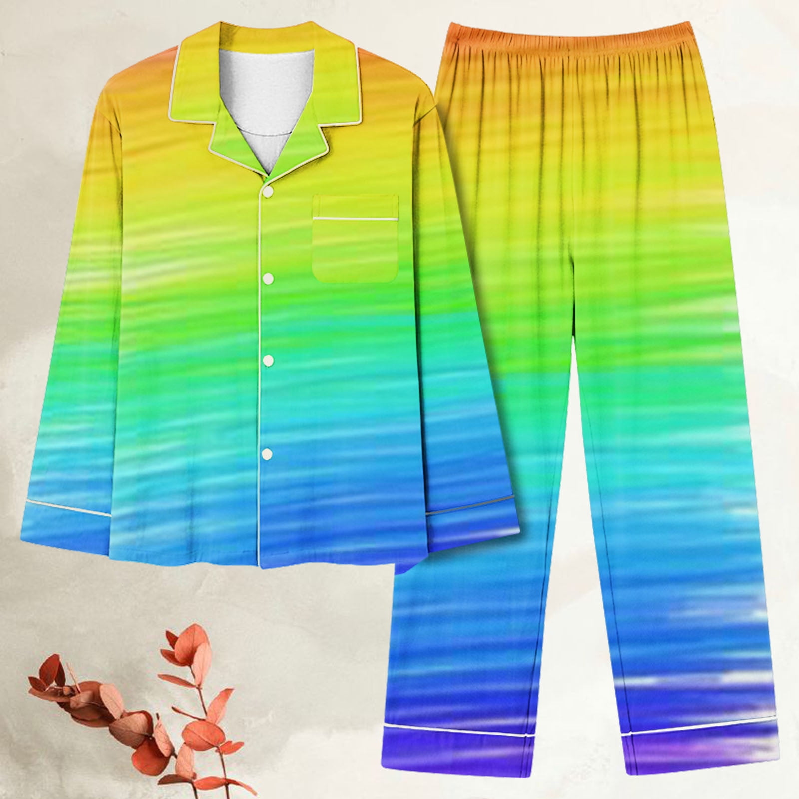POTETI Night Clothes Women Notch Collar Gradient Color Pajama Tops with ...