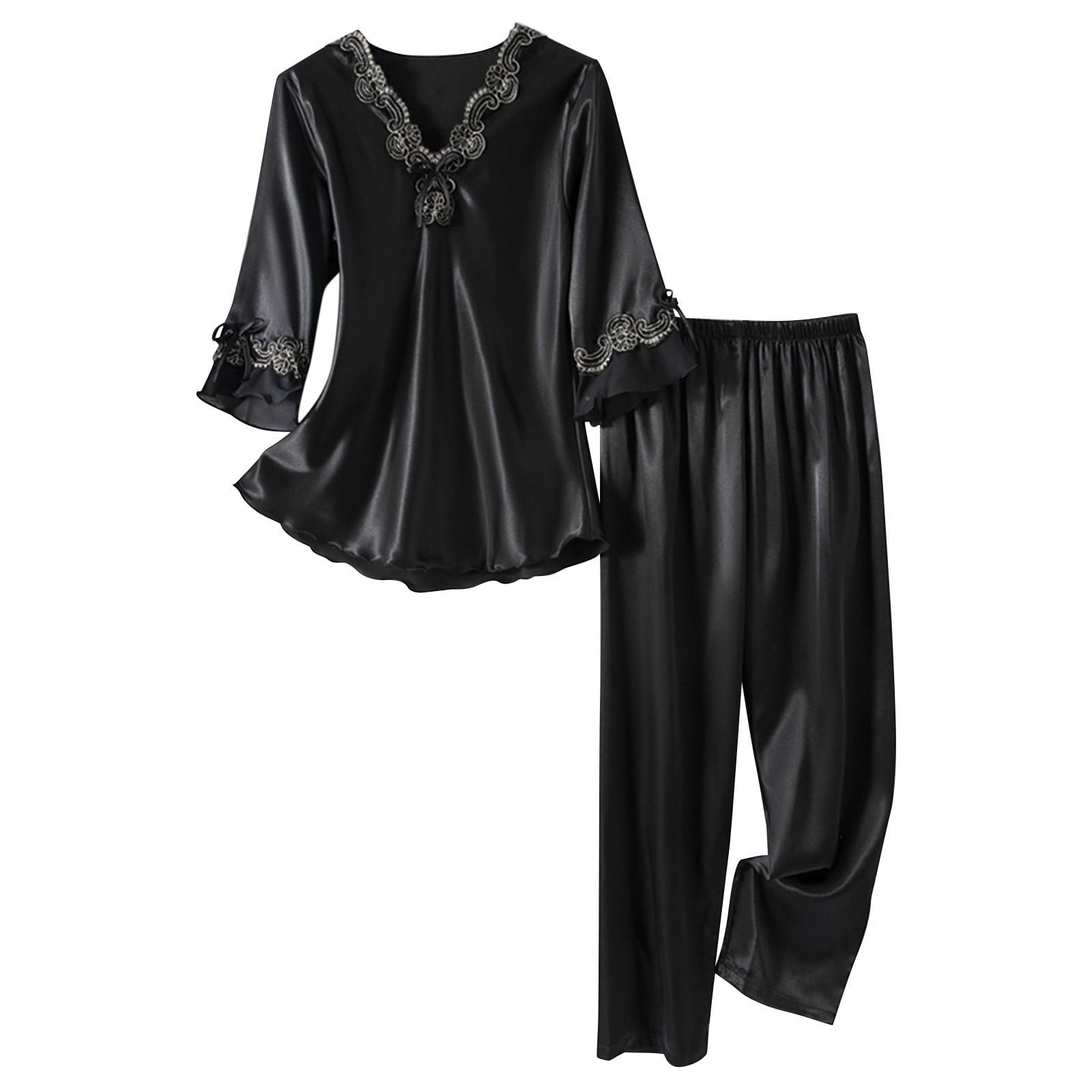 POTETI Pajamas Sets for Women 2pc V Neck Pajamas Satin Silk and Pants ...