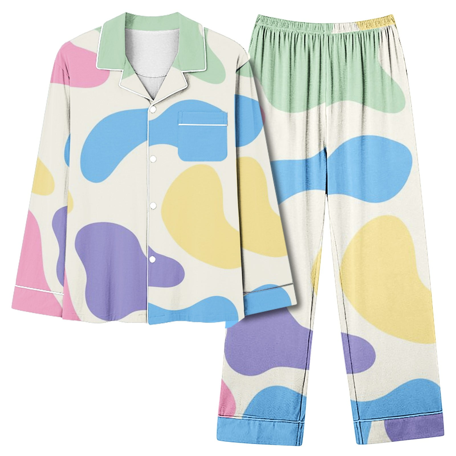 POTETI Pajamas for Women Silk Notch Collar Tie Dye Pajamas Tops with ...