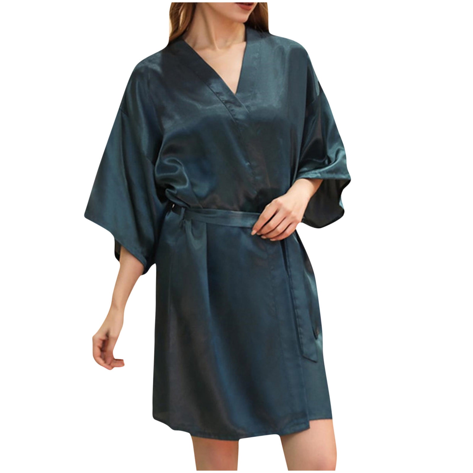 POTETI Pjama Set Women Wrap Satin Silk Pajamas with Belt Nightdress ...