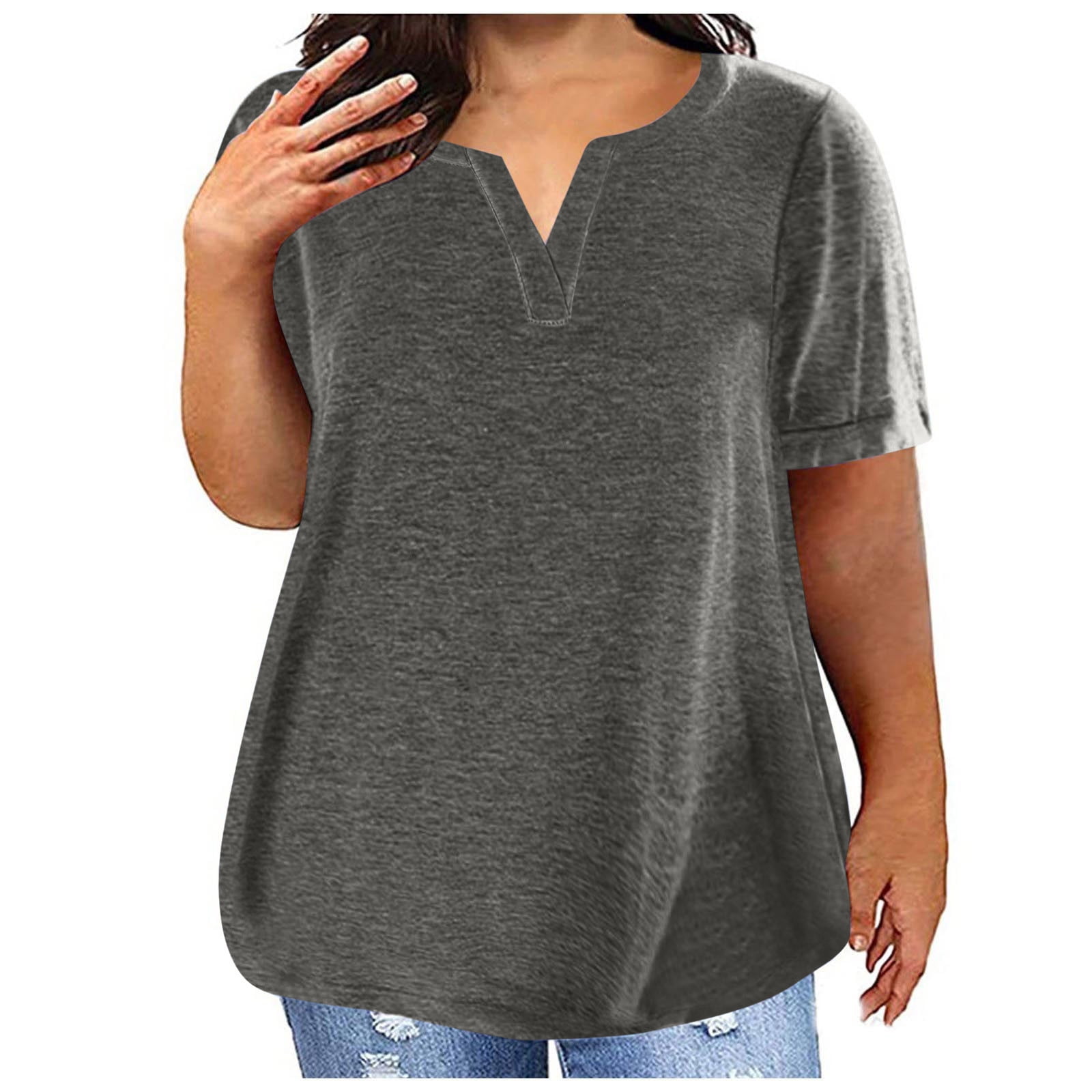 POTETI Plus Size Tops for Women Gray Short Sleeve Solid Color V-Neck ...