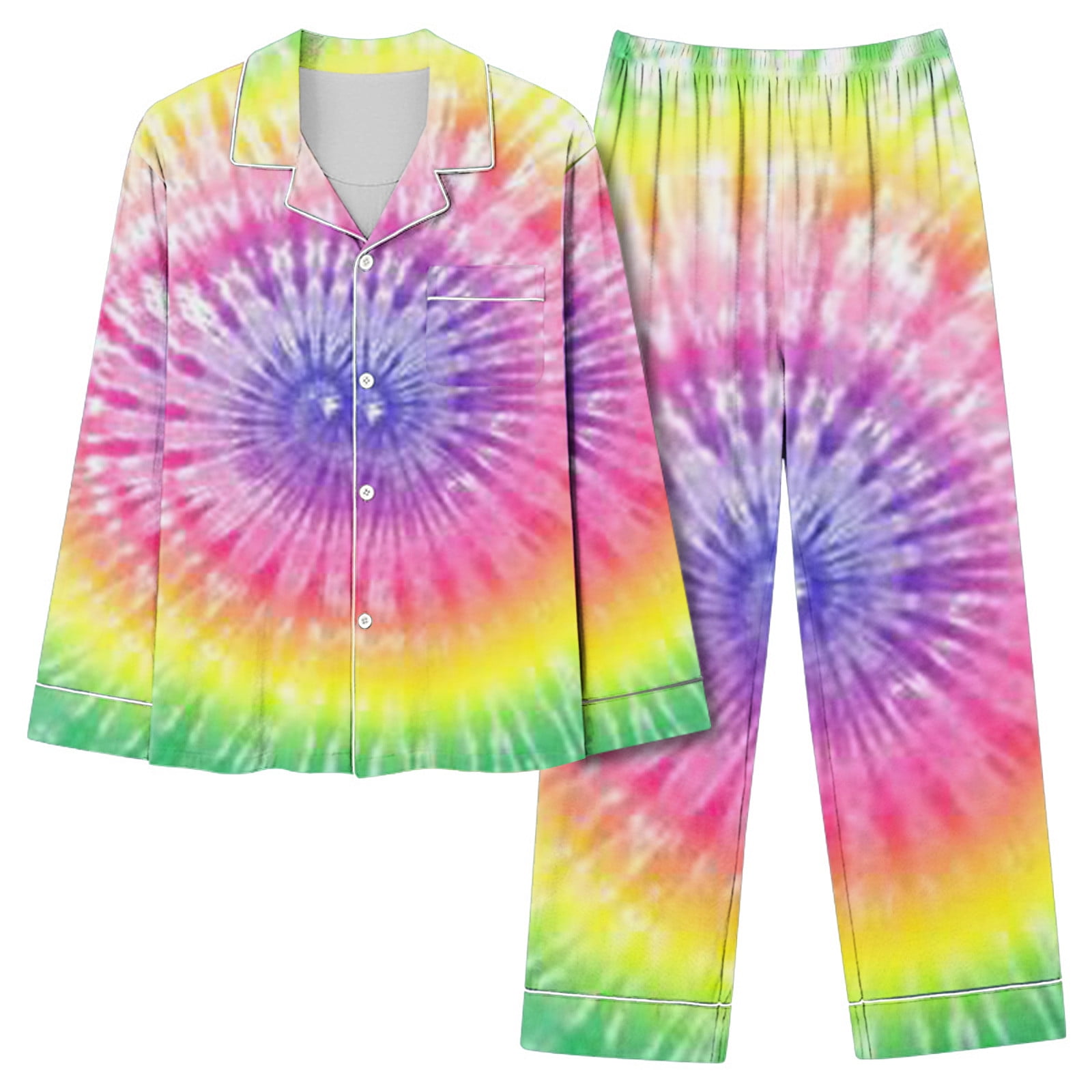 POTETI Silk Womens Pajama Sets Notch Collar Tie Dye Pajamas Tops with ...