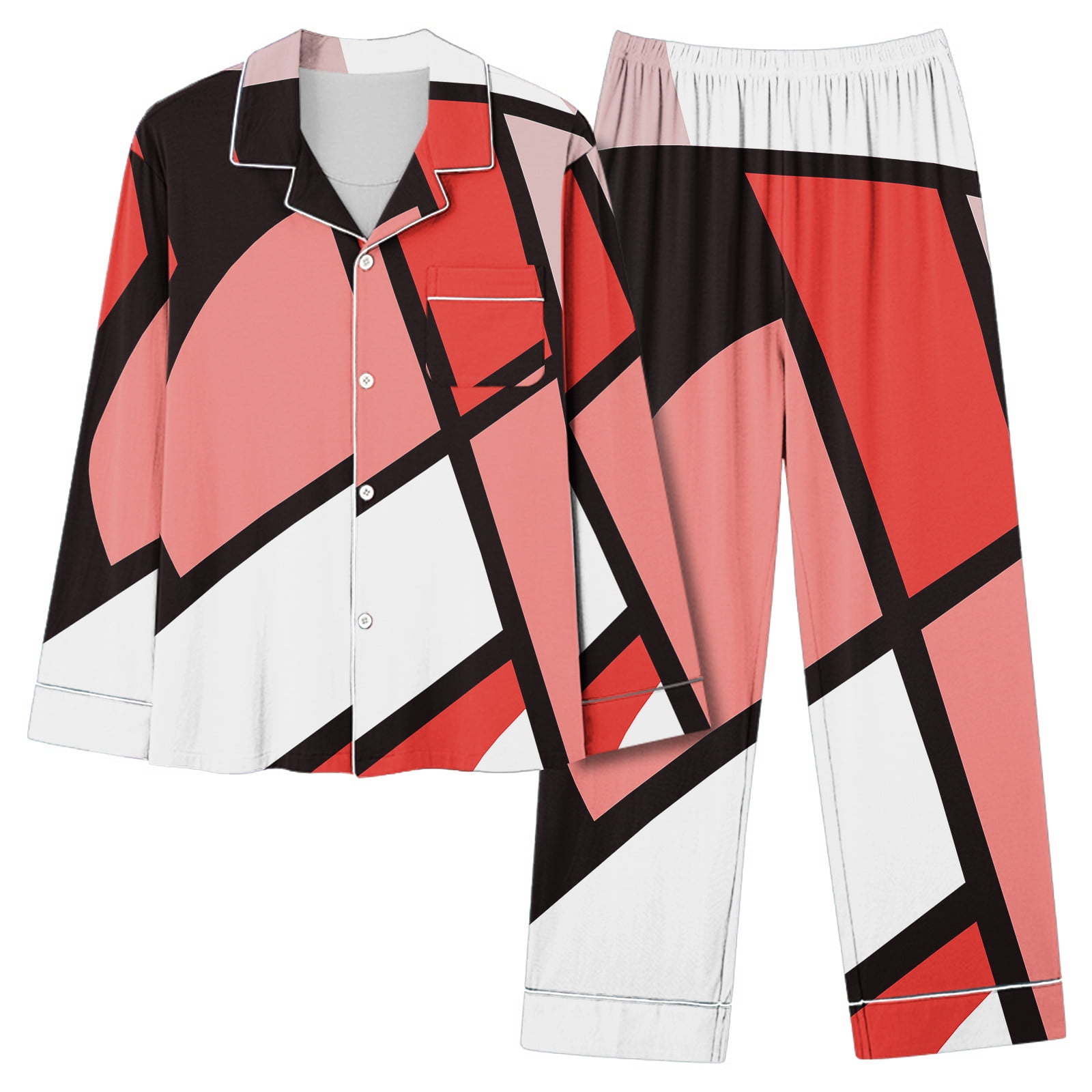 POTETI Sleep Sets for Women Notch Collar Color Block Pajamas Tops with ...