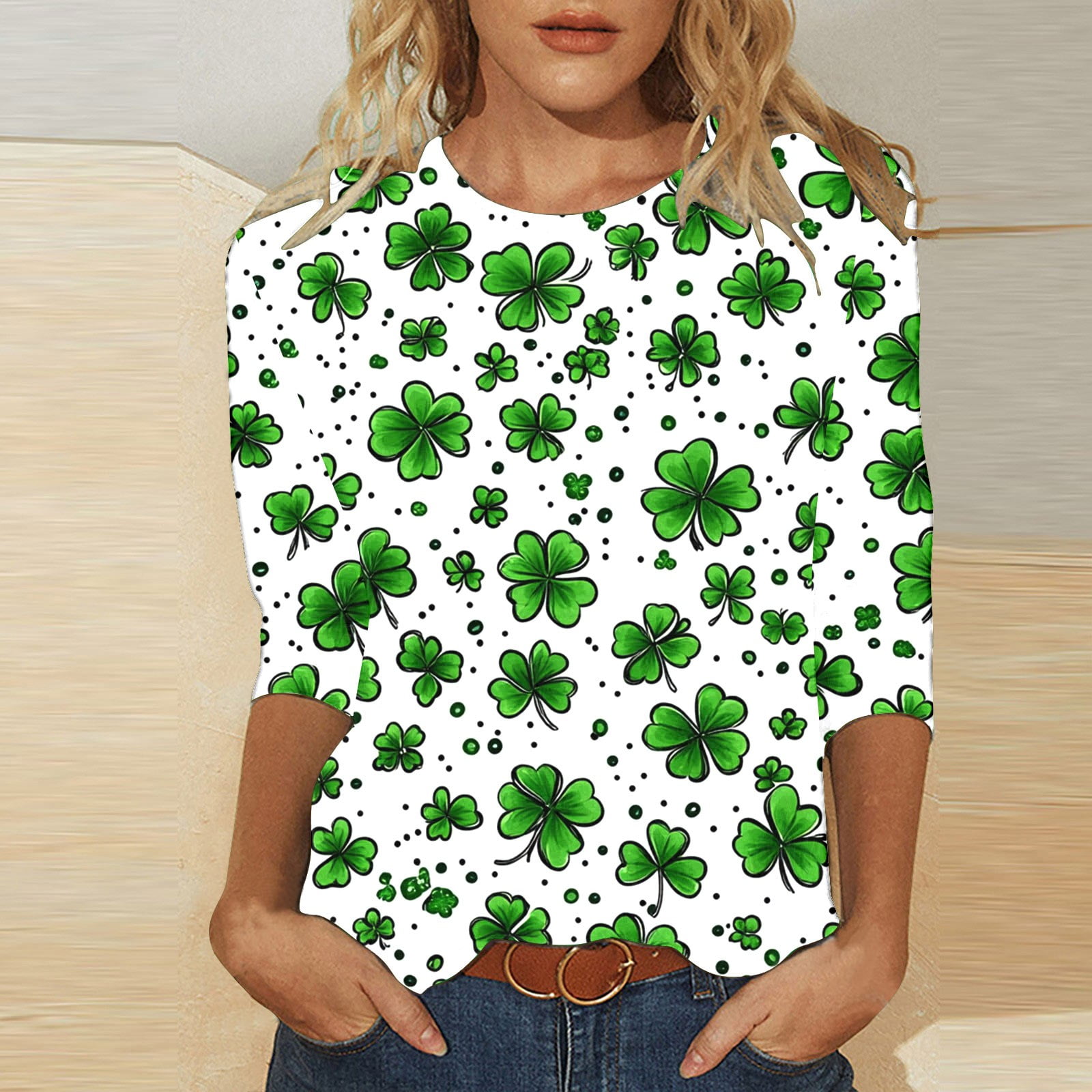 POTETI St Patrick Day Shirts for Women Shamrock 3/4 Sleeve Crew Neck ...