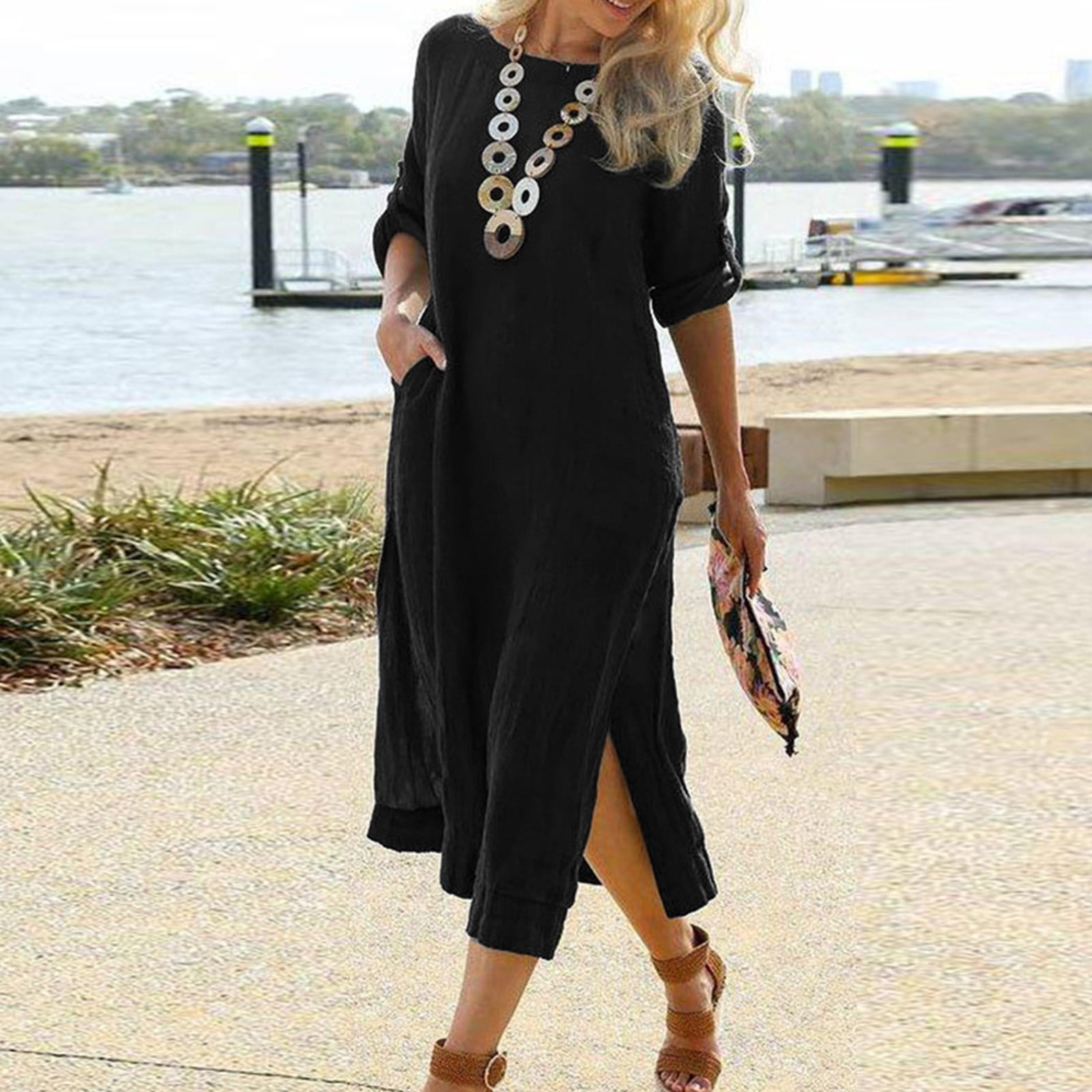 POTETI Summer Dresses for Women 2024 Black Vacation Dress Summer Solid ...