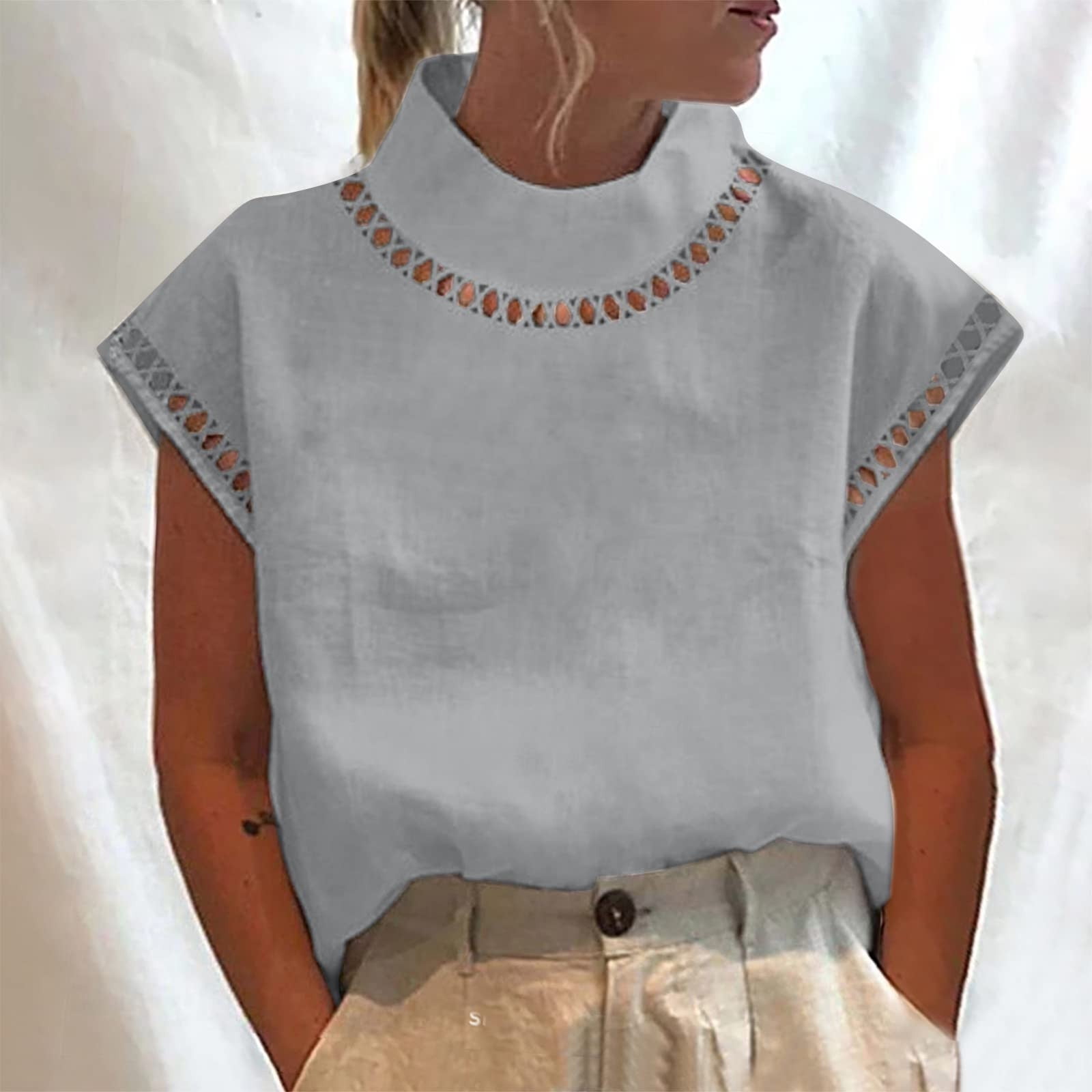 POTETI Summer Tops for Women Cotton Linen Tops for Women High Neck ...