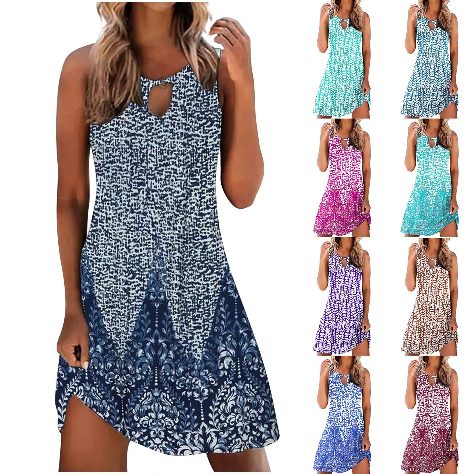 POTETI Sundresses for Women Casual Beach Dark Blue Midi Dress Casual ...