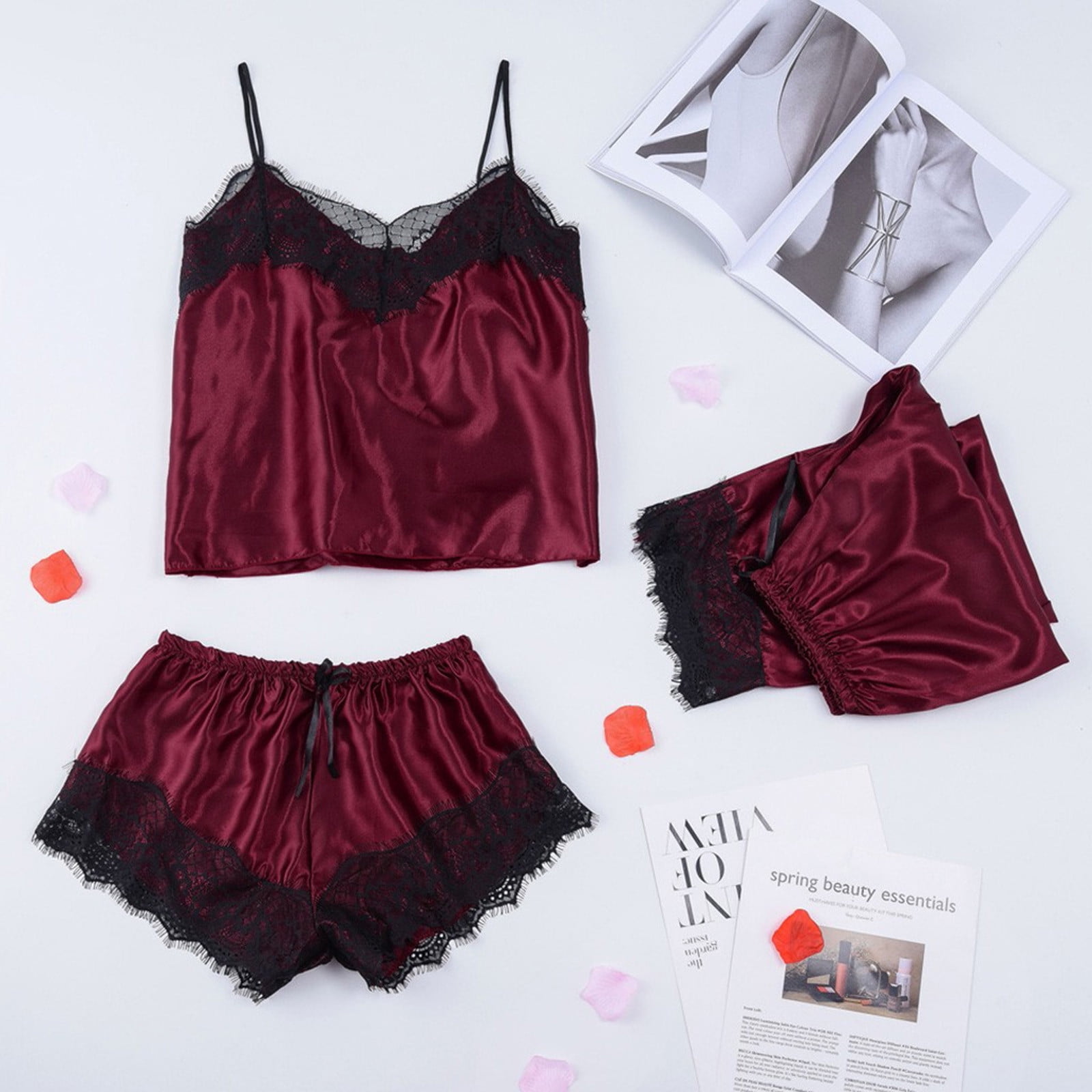 POTETI Teddies for Women Lace Satin Silk Wine Nightwear Cami and Shorts ...