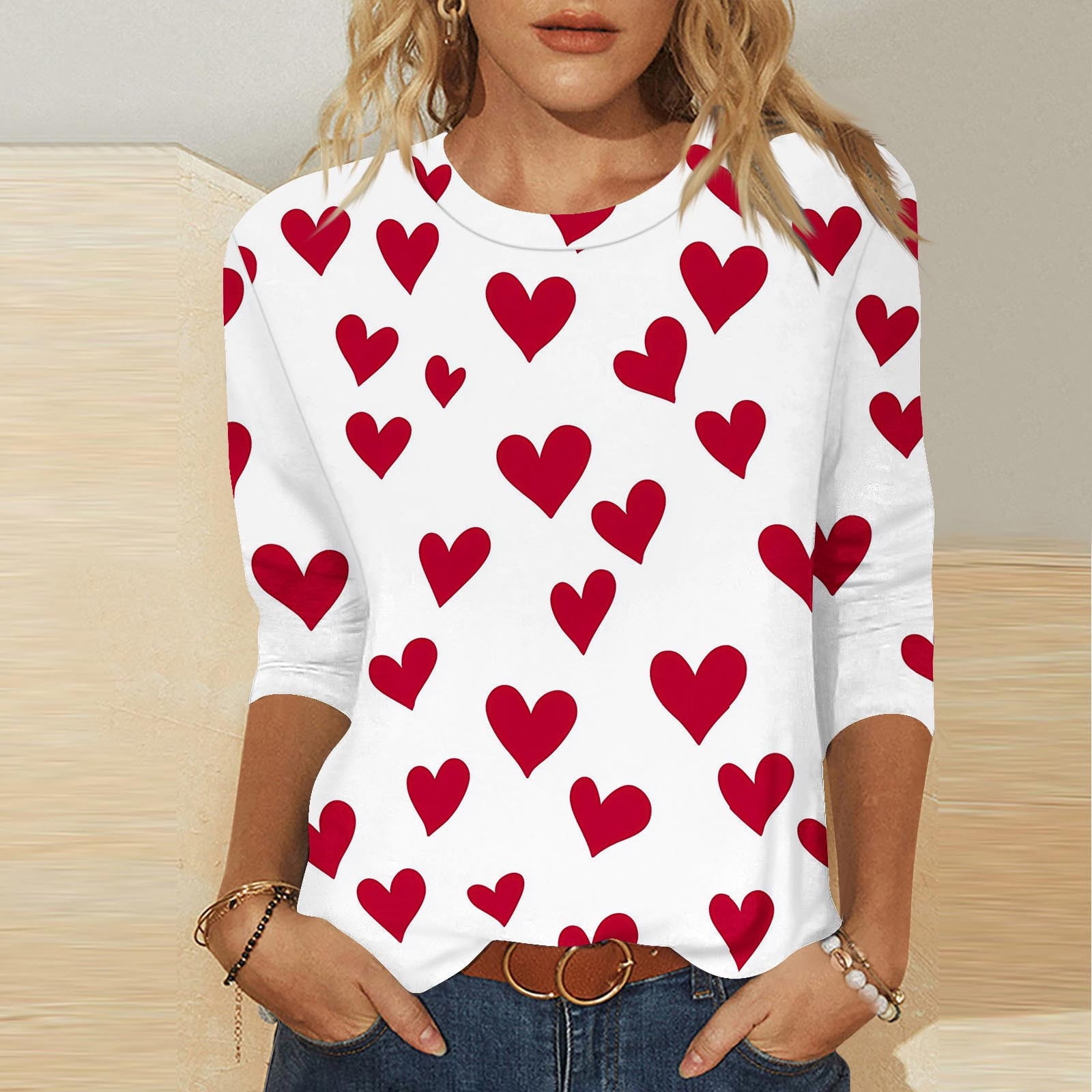POTETI Valentine's Day Tops Romance 3/4 Sleeve Shirts Casual Crew Neck Heart Print Gift for Wife ...