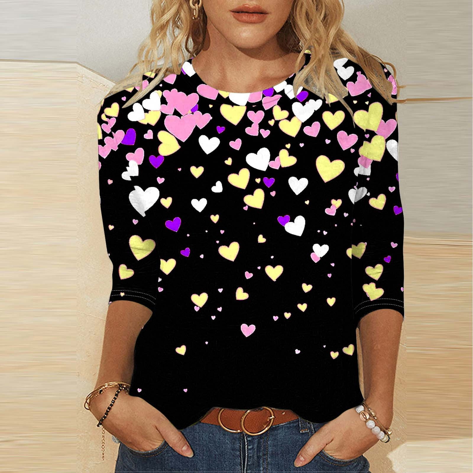 POTETI Valentines Day Shirts for Women Romance 3/4 Sleeve Tops Casual Crew Neck Heart Print Gift ...