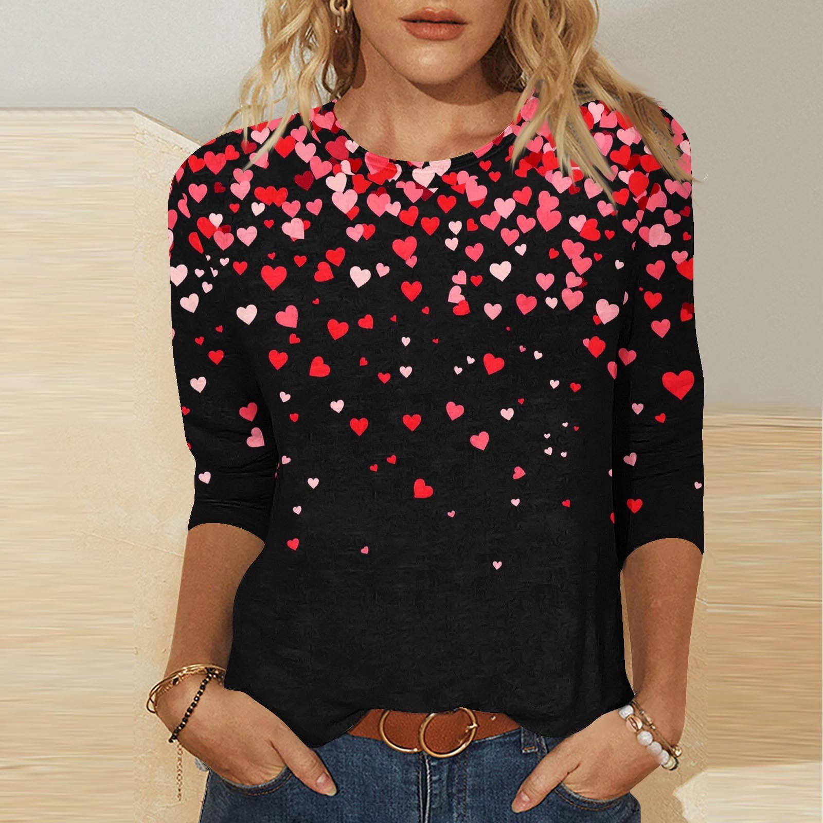 POTETI Valentines Day Top Romance 3/4 Sleeve Shirts Casual Crew Neck Heart Print Gift for Wife ...