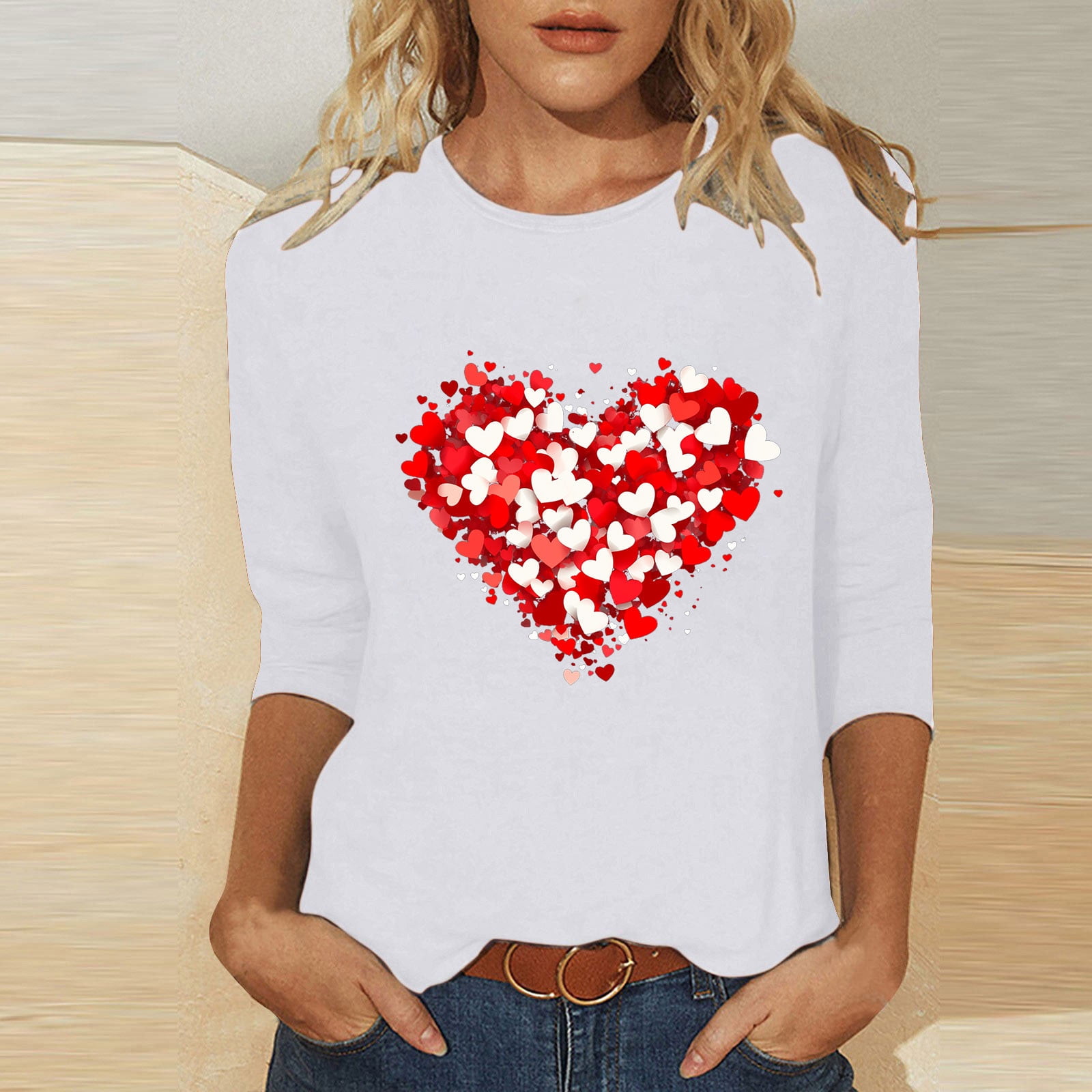POTETI Valentines Gifts for Wife Romance 3/4 Sleeve Tops Casual Crew Neck Heart Print Gift for ...