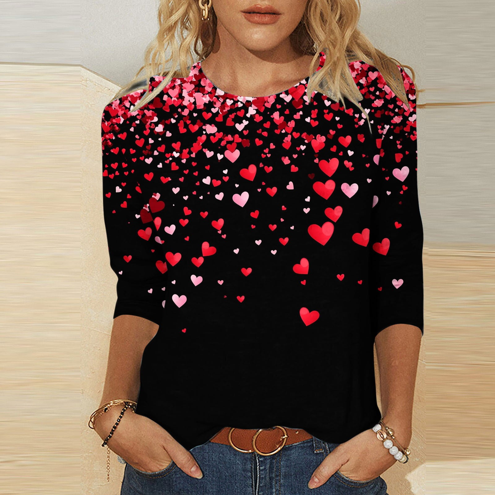 POTETI Valentines T Shirts Women Romance 3/4 Sleeve T-Shirts Casual Crew Neck Sweet Print Gift ...