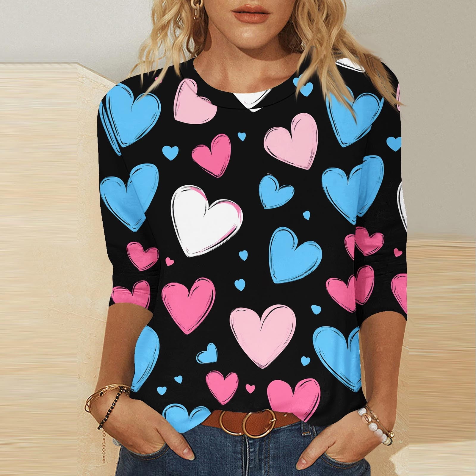 POTETI Valentines Women Shirts Romance 3/4 Sleeve Shirts Casual Crew Neck Heart Print Gift for ...