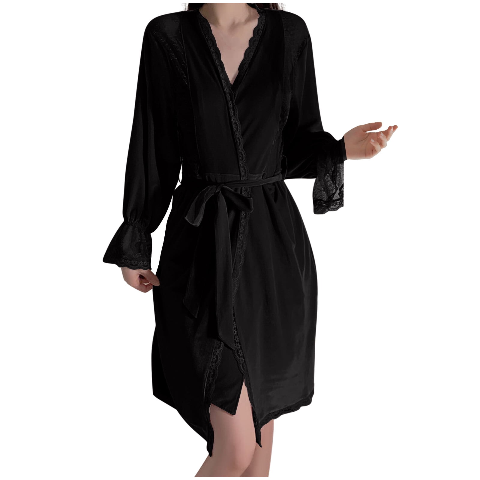 POTETI Women Sleepwear Deep V-neck Nightwear Wrap Split Mini Dress with ...