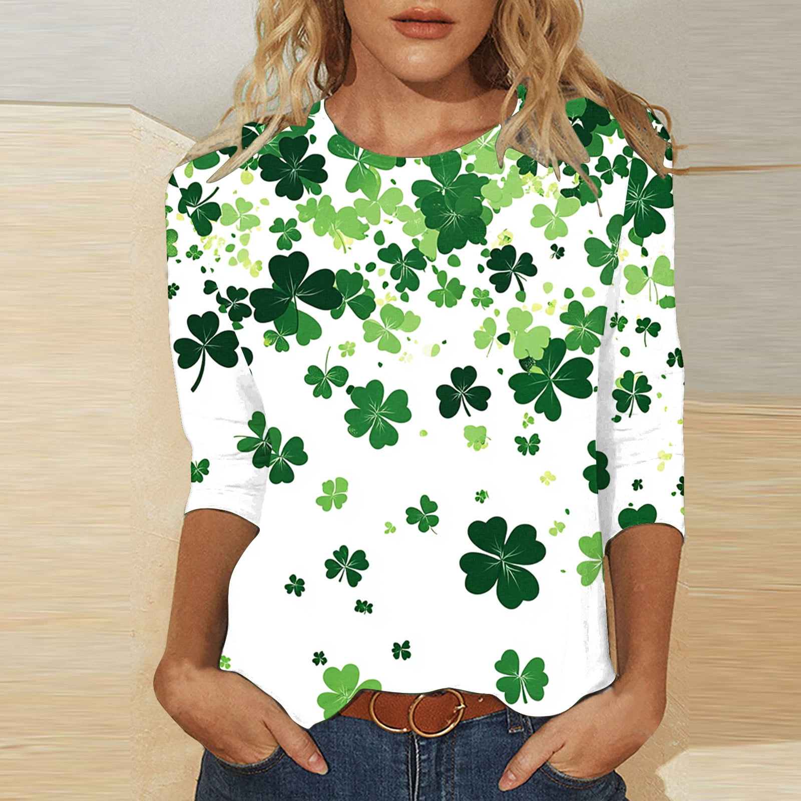 POTETI Women St Patricks Day Clothes Clover 3/4 Sleeve Crew Neck Shirt Tops - Walmart.com