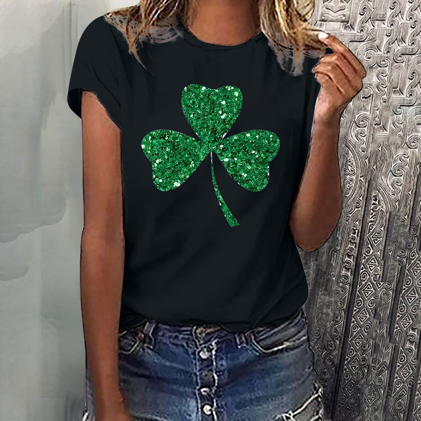 POTETI Women St Patricks Day Clothes Clover Short Sleeve Crew Neck ...