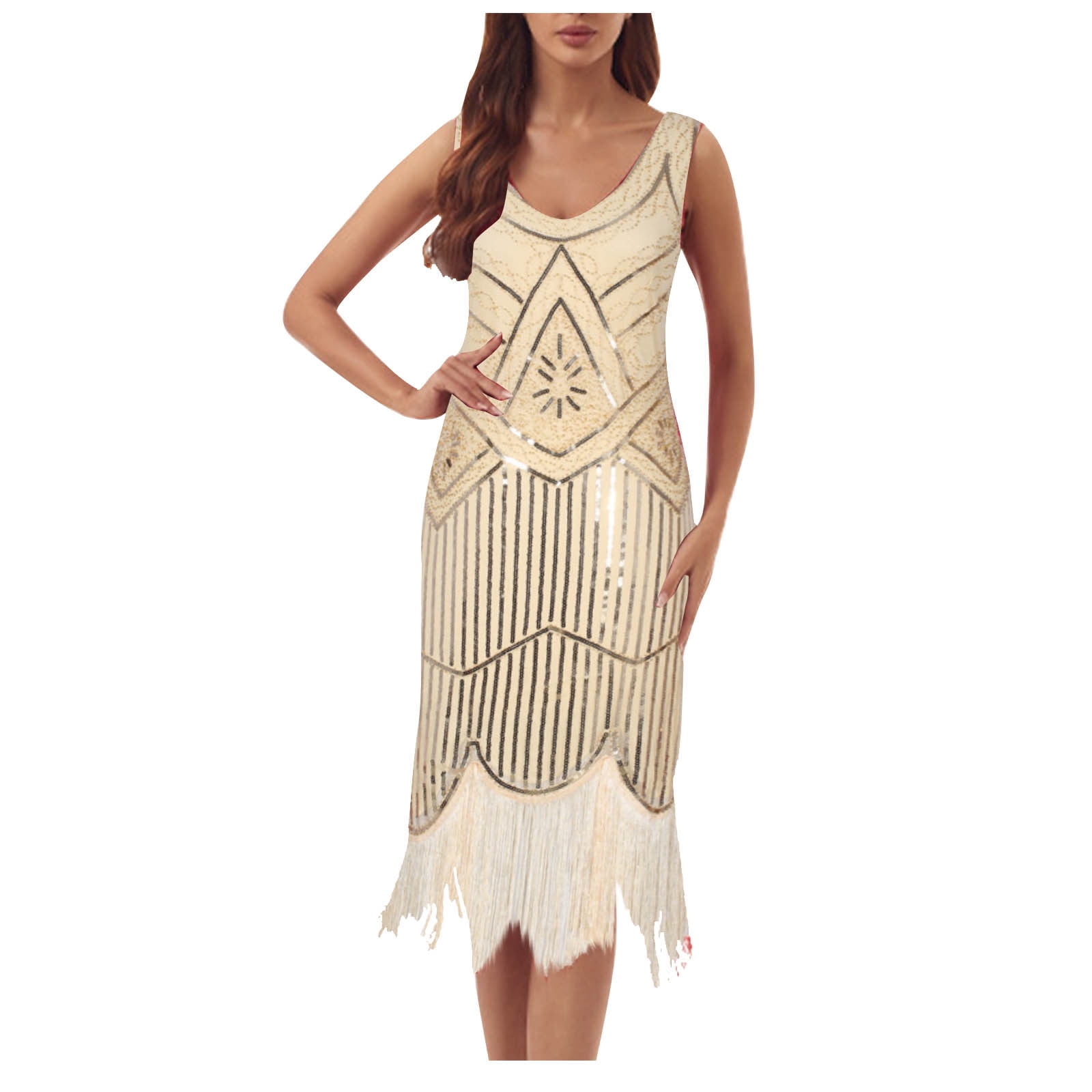 POTETI Women's Formal Sleeveless Crew Neck Sequin Fringe Tassels ...