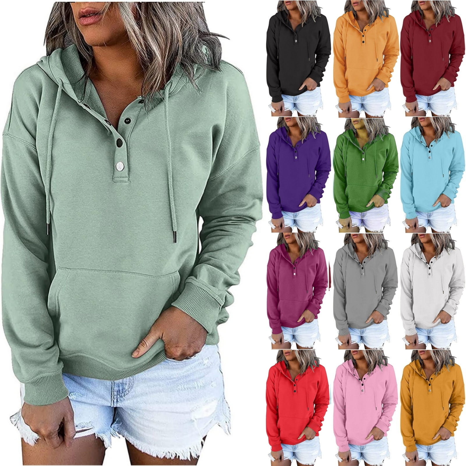 POTETI Women's Plus Size Hoodies Casual Long Sleeve Button Sweatshirts ...