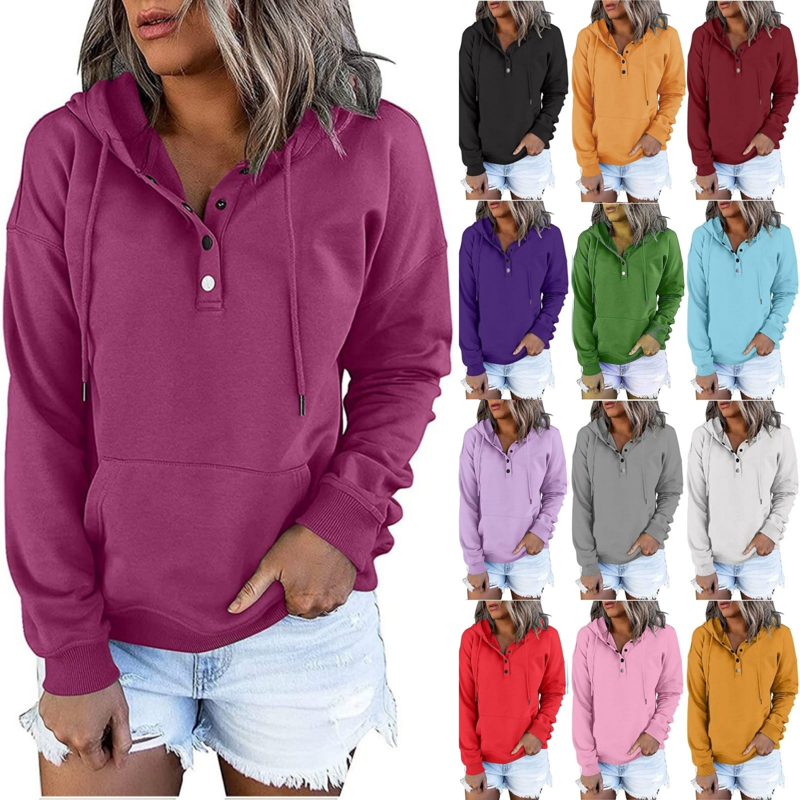 POTETI Womens Hoodies Pullover Casual Long Sleeve Button Hooded Sweatshirts Solid Pullover Tops ...