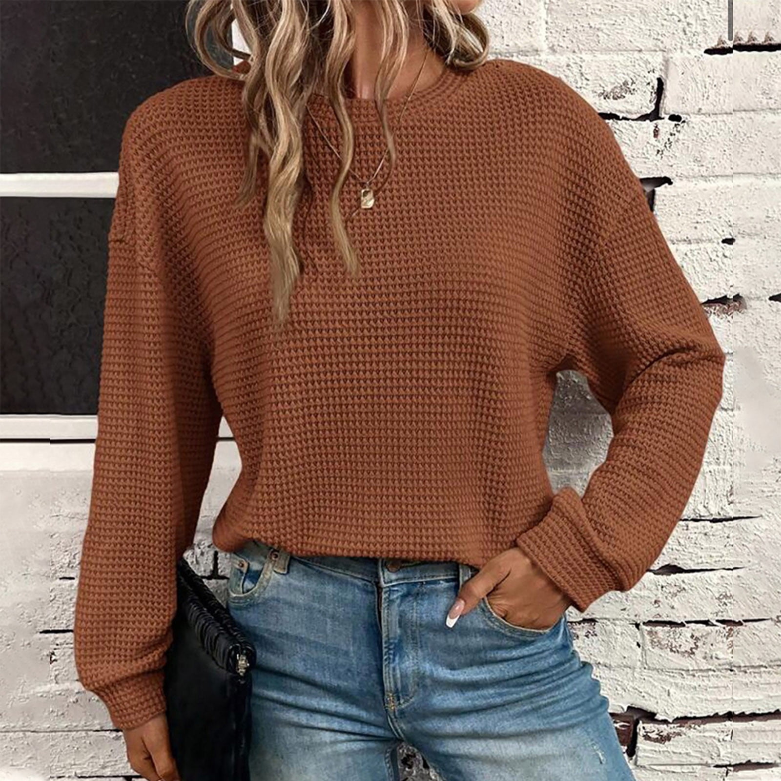 POTETI Womens Sweaters Casual Soft Waffle Knit Winter Pullover Tops ...