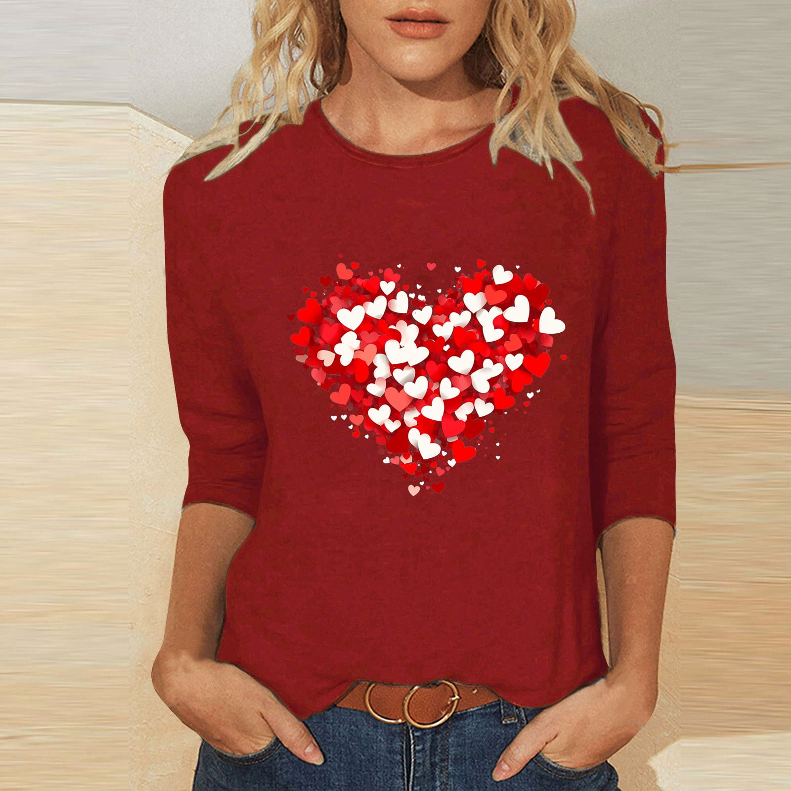 POTETI Womens Valentines Shirt Romance 3/4 Sleeve T-Shirts Casual Crew Neck Heart Print Gift for ...