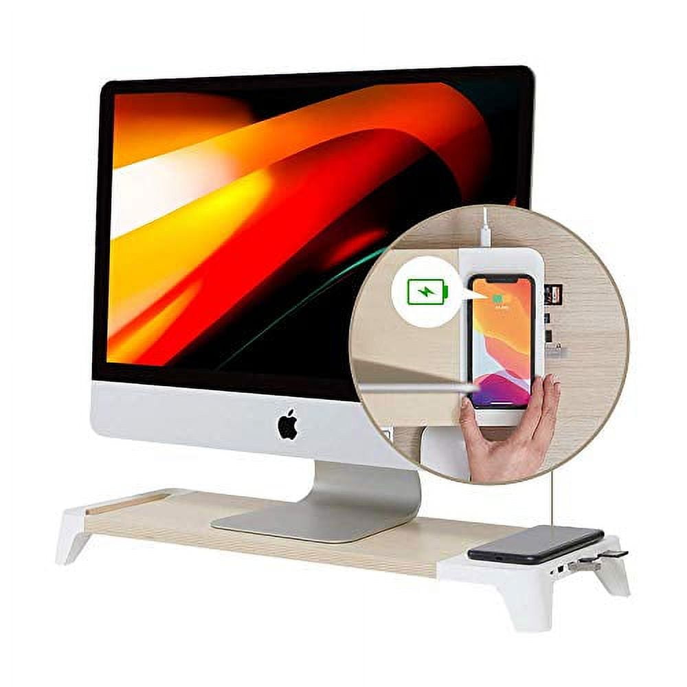 POUT_EYES8 White Wooden Desk Monitor Computer Stand Riser Shelf + Qi 3. ...