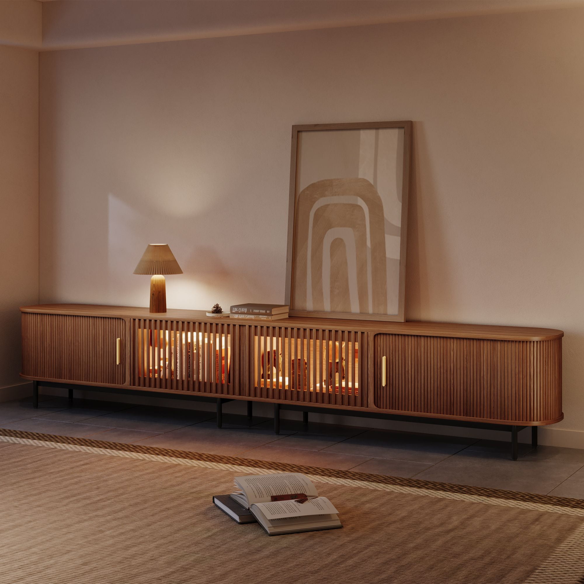 POVISON-118.11"Mid-Century Modern Tambour Door TV Stand with LED Lights ...