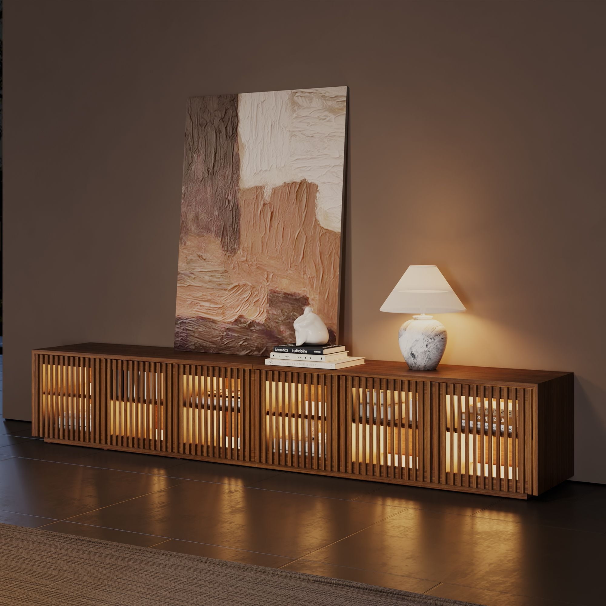 POVISON-118" Mid-Century Modern Wood Slatted TV Stand with LED lights ...