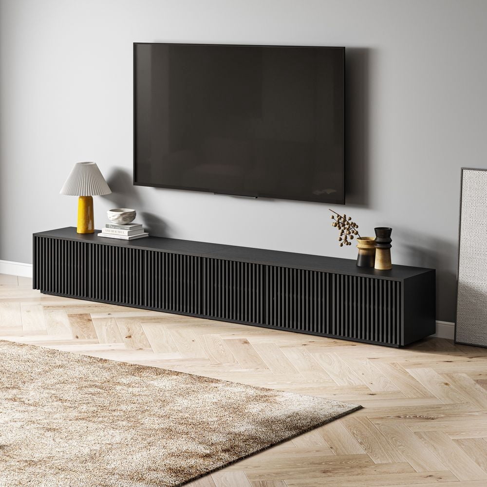 POVISON-118" Modern Minimalist Wood TV Stand, Slatted Entertainment ...