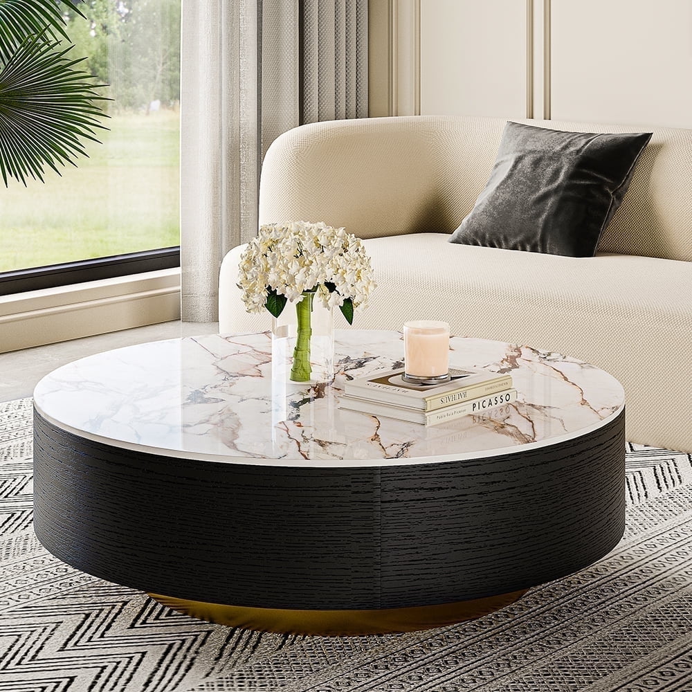 POVISON 35.43" Modern Drum Coffee Table with Oak Veneer, Sintered Stone ...